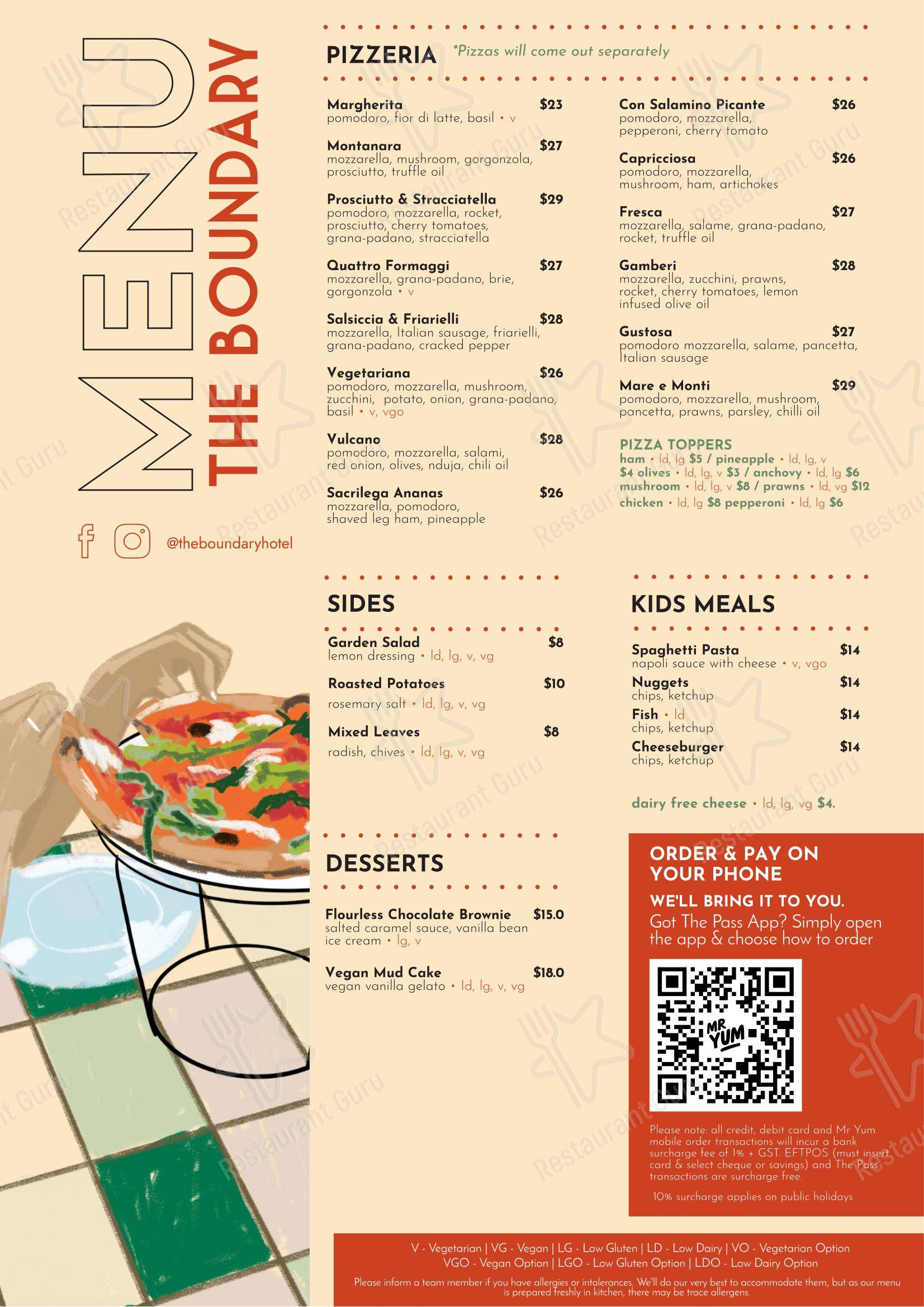 Menu at The Boundary Hotel pub & bar, Brisbane City, 137 Boundary St