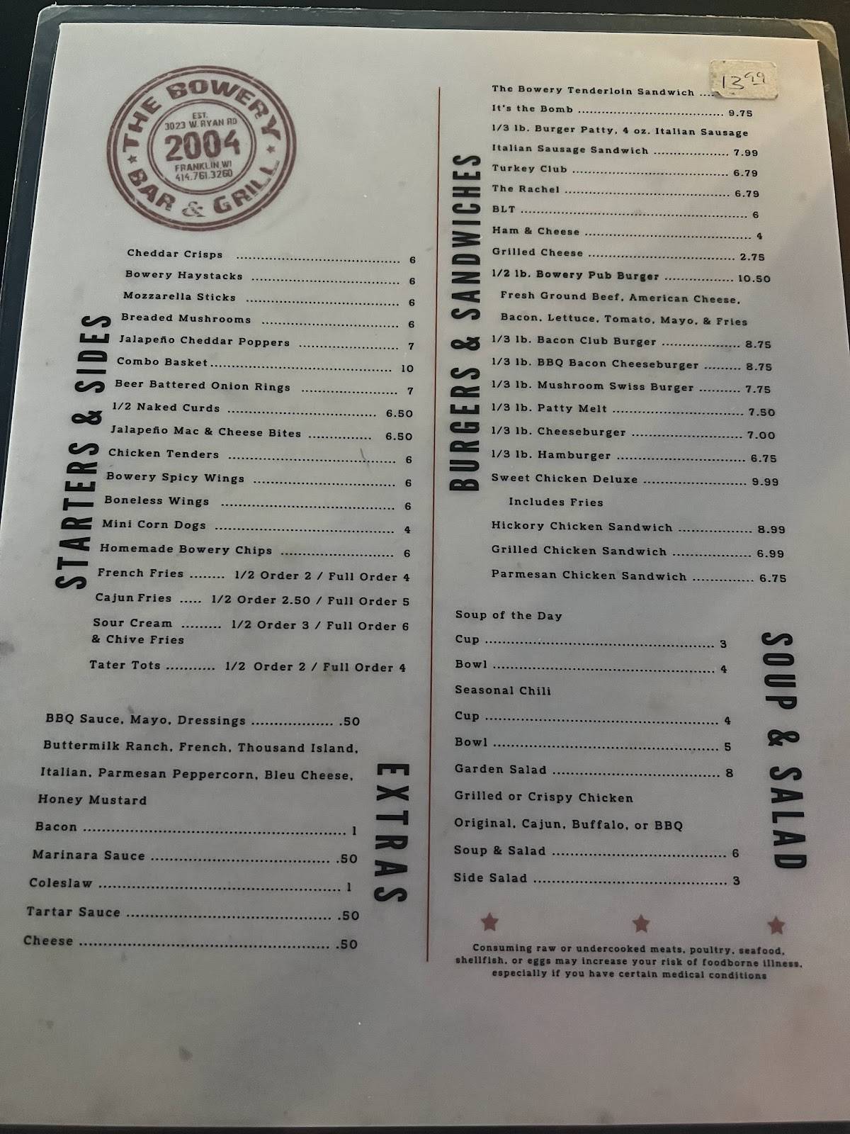 Menu at The Bowery Bar & Grill, Franklin