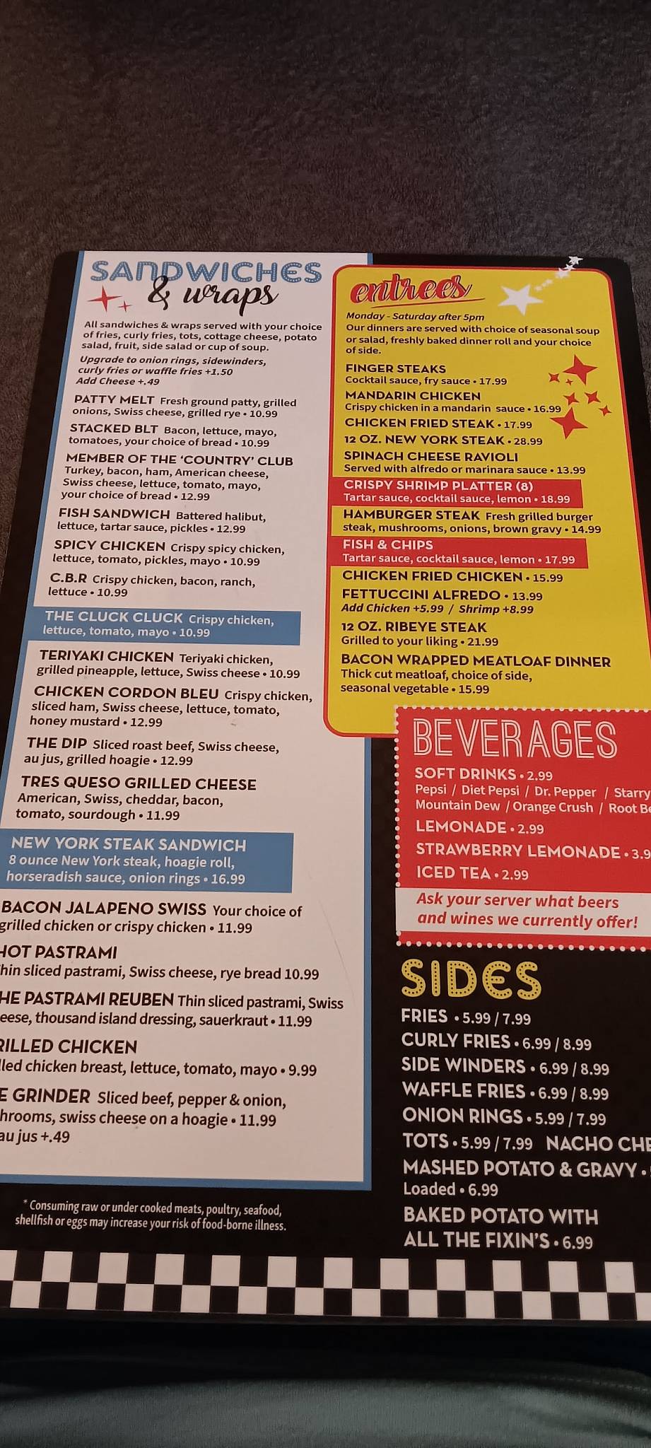 Menu at The Bowling Alley restaurant, Homedale