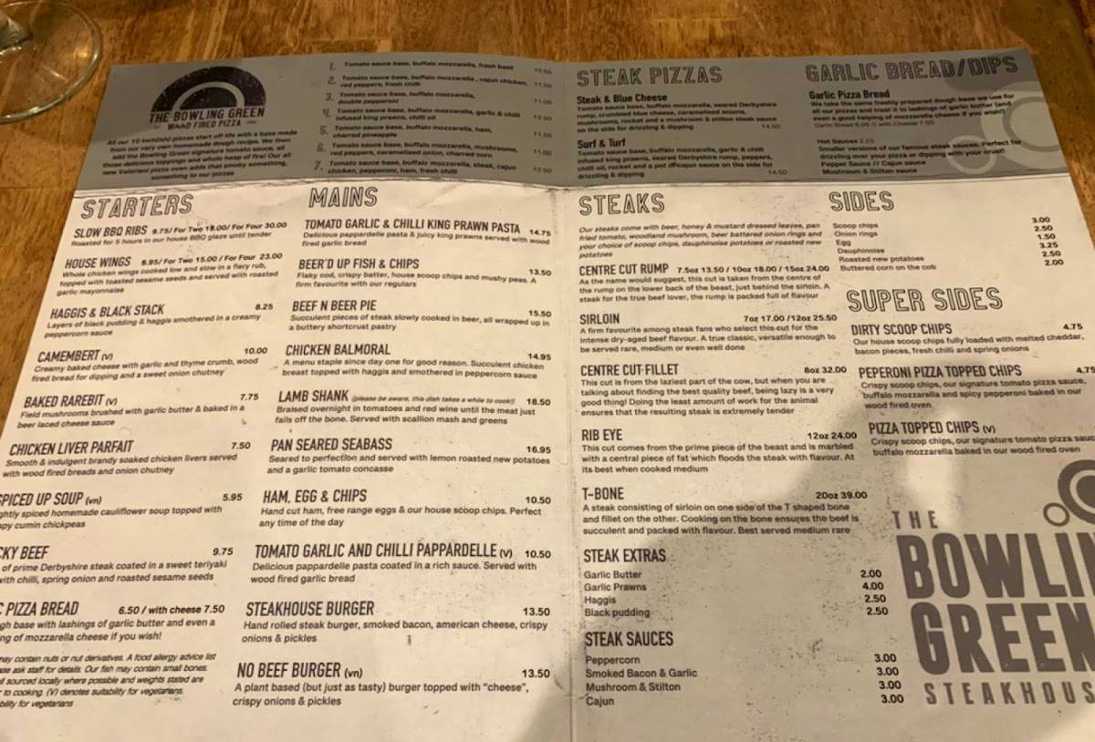 Menu at The Bowling Green Steakhouse, Ashbourne