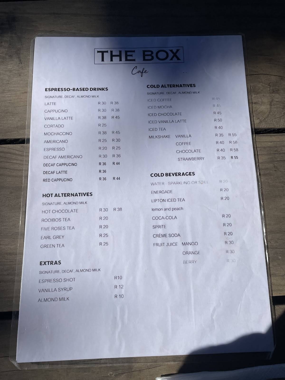 Menu at The Box cafe, Durban North