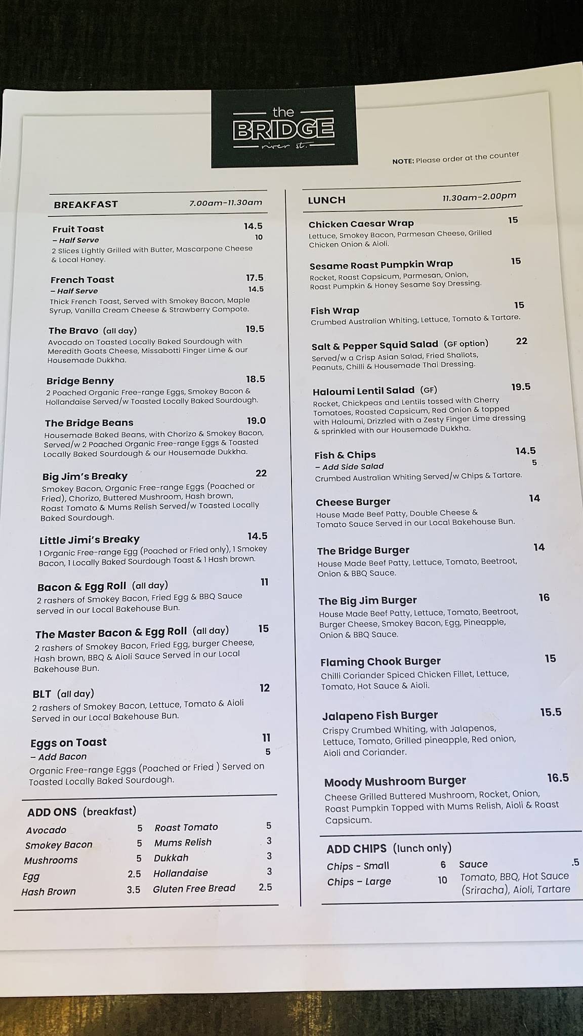 Menu at The Bridge River St. Cafe, Macksville