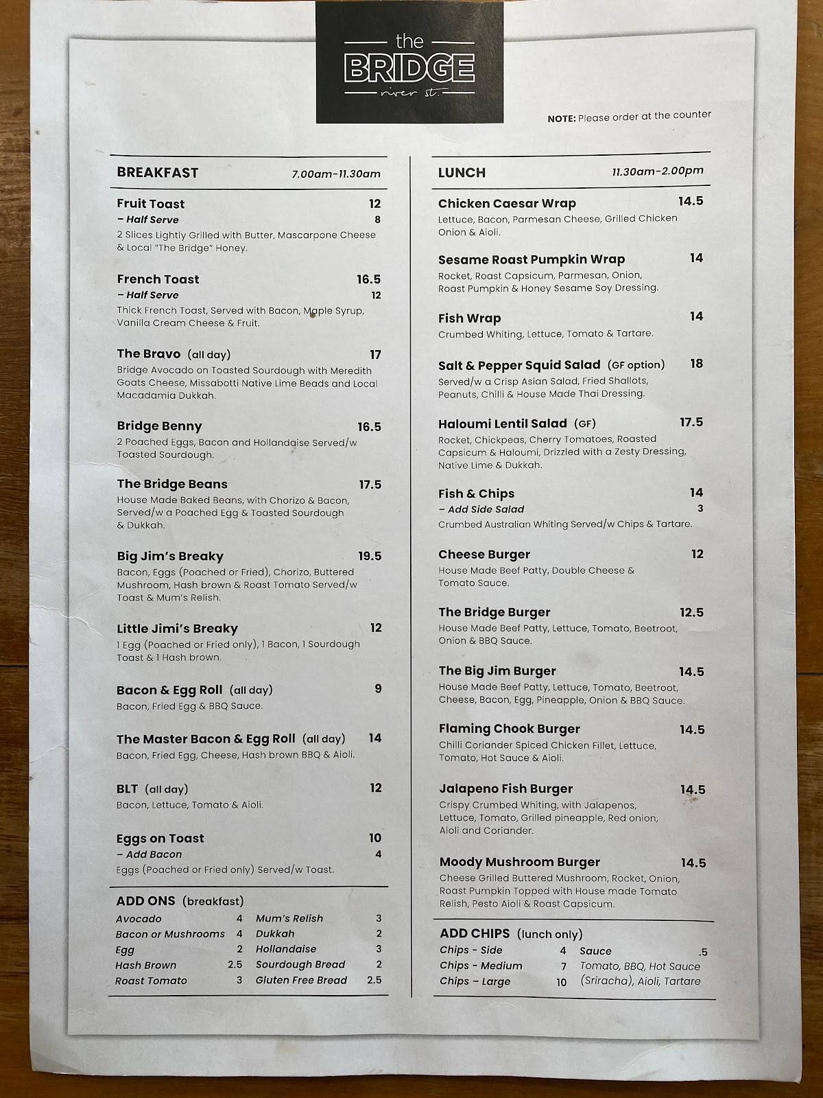 Menu at The Bridge River St. Cafe, Macksville