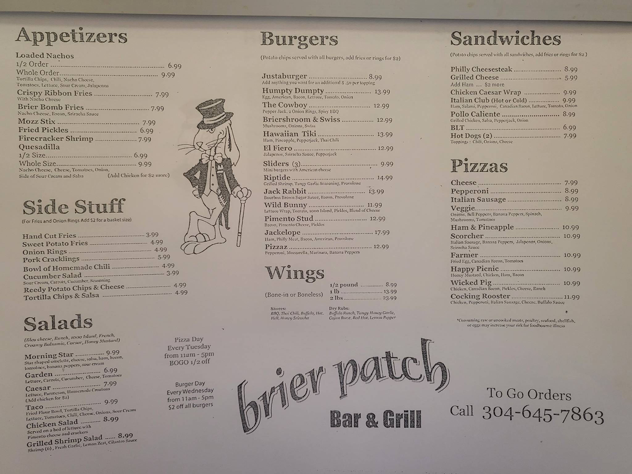 Menu at The Brier Patch Bar, Lewisburg