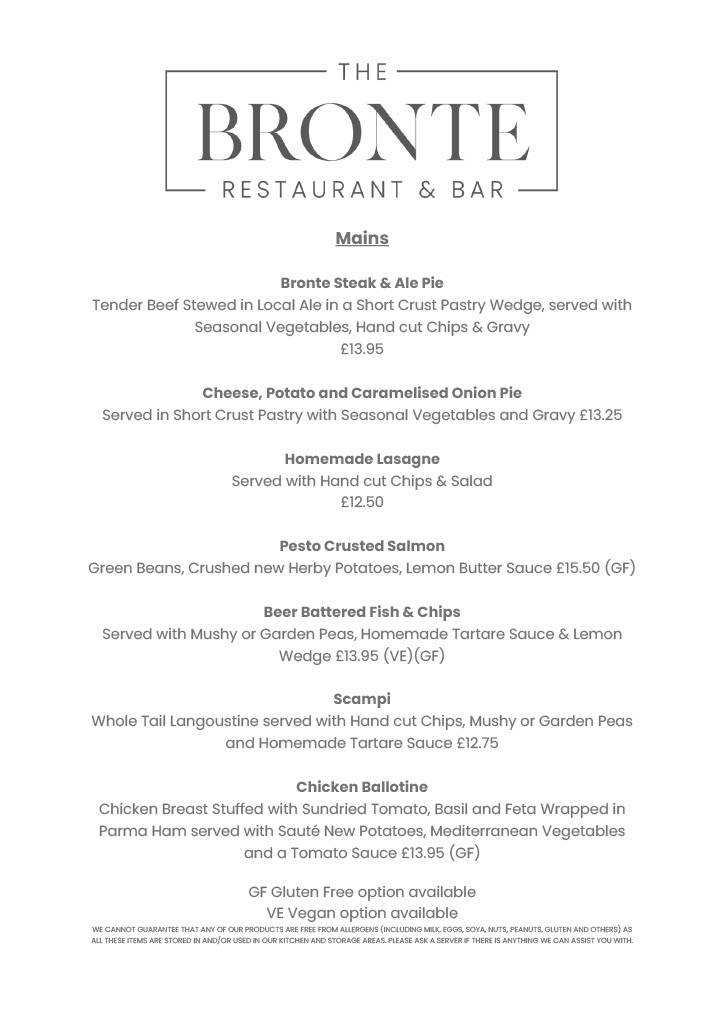 Menu at The Bronte restaurant, Keighley