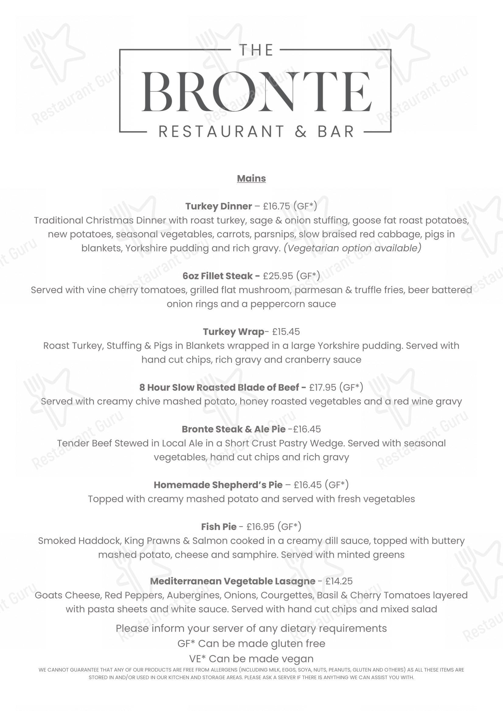 Menu at The Bronte restaurant, Keighley