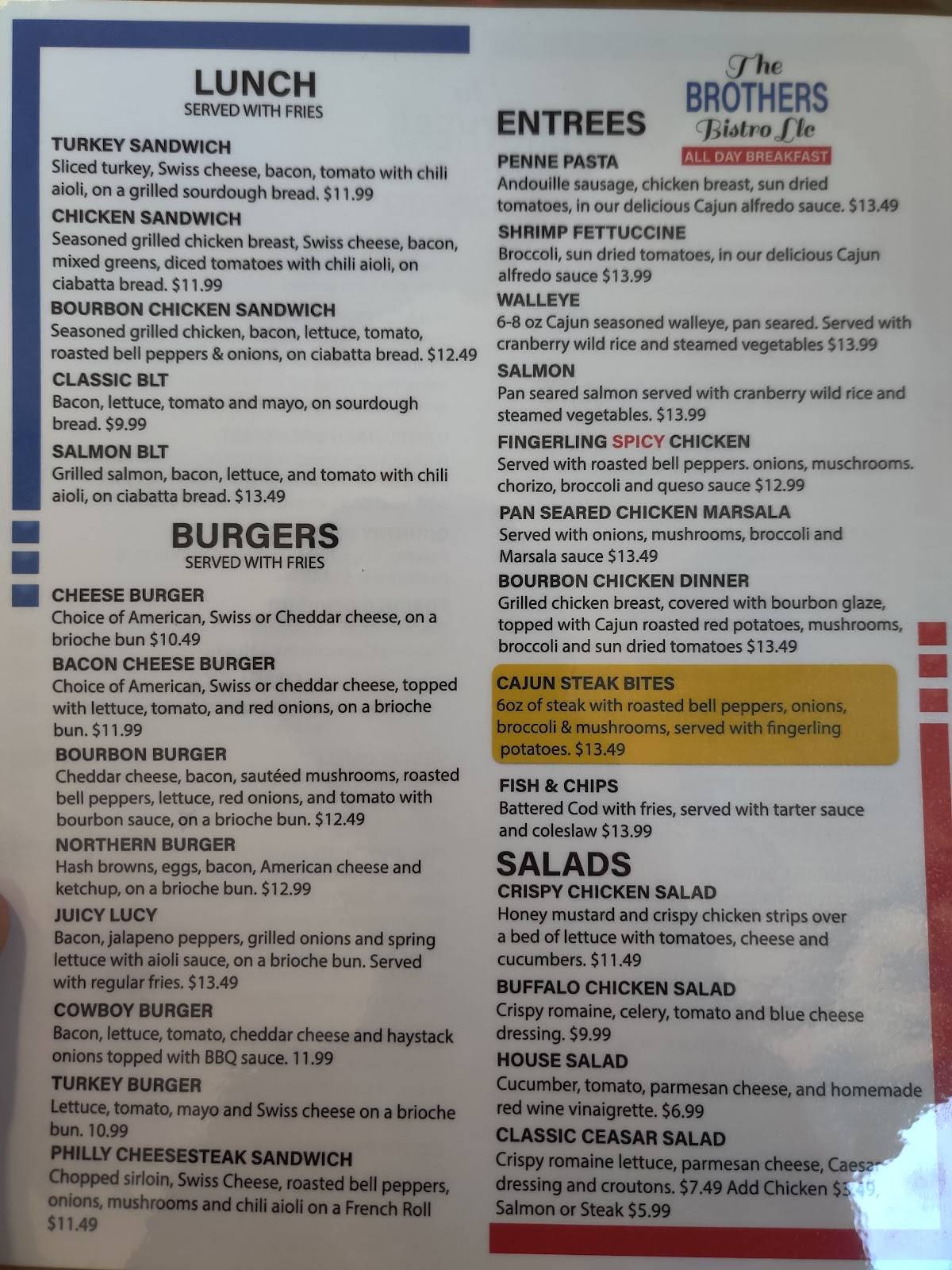 Menu at The Brothers Bistro restaurant, North Saint Paul