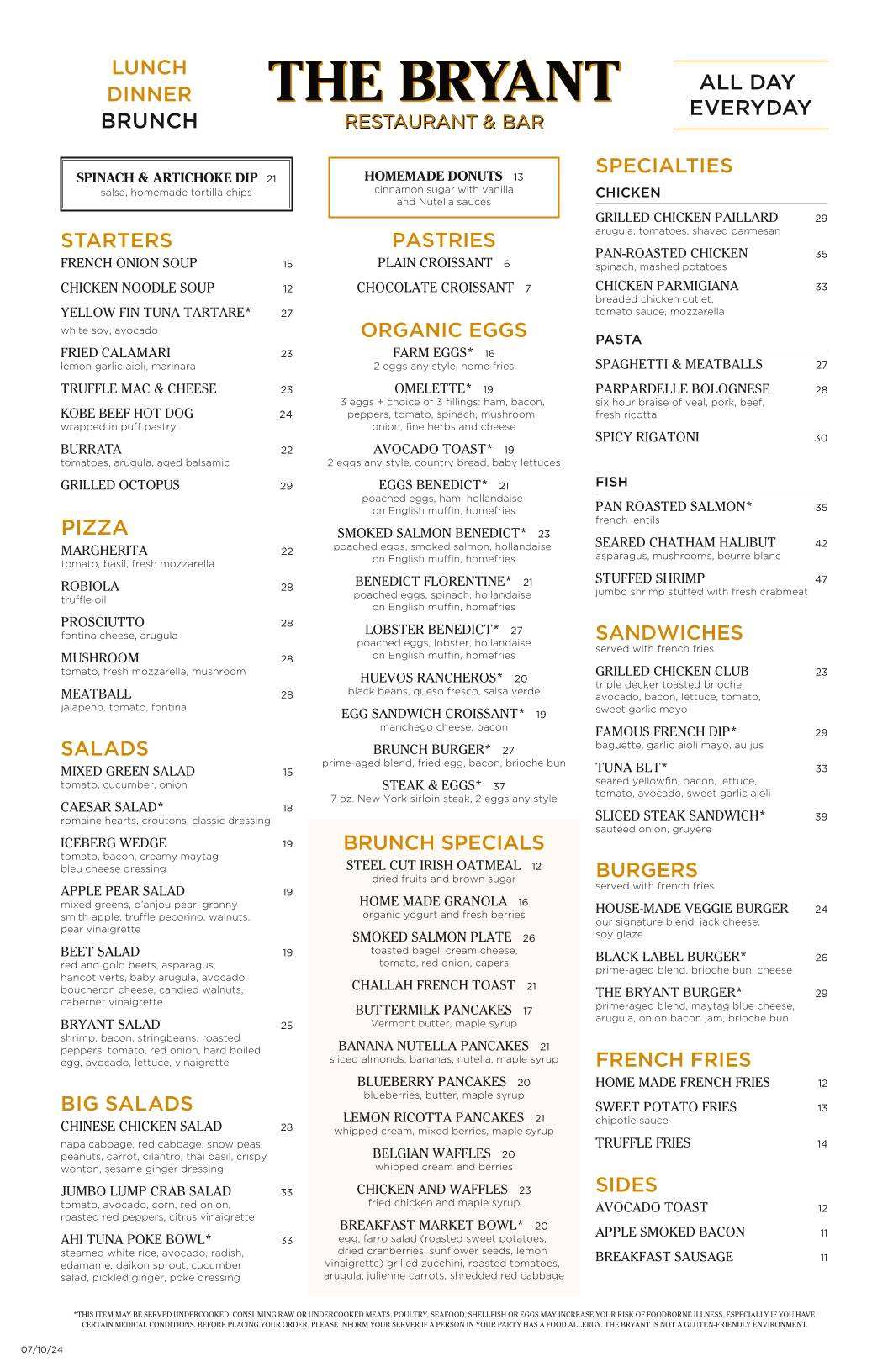Menu at The Bryant restaurant, Huntington Station