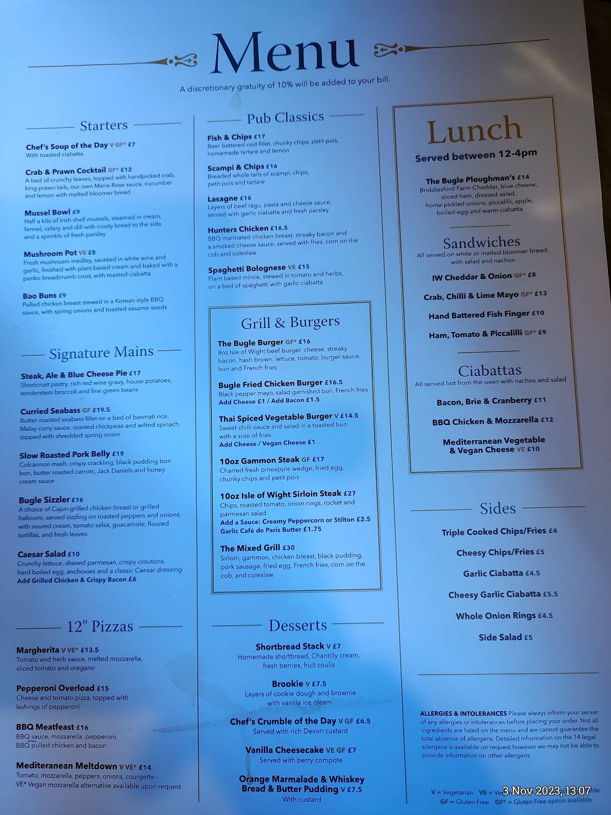 Menu at The Bugle Coaching Inn pub & bar, Yarmouth