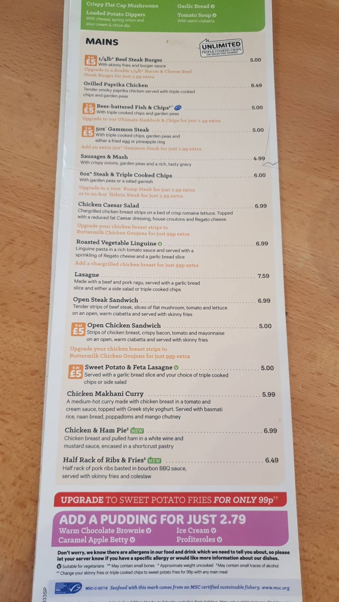 Menu at The Bull Beefeater steakhouse, Swanley