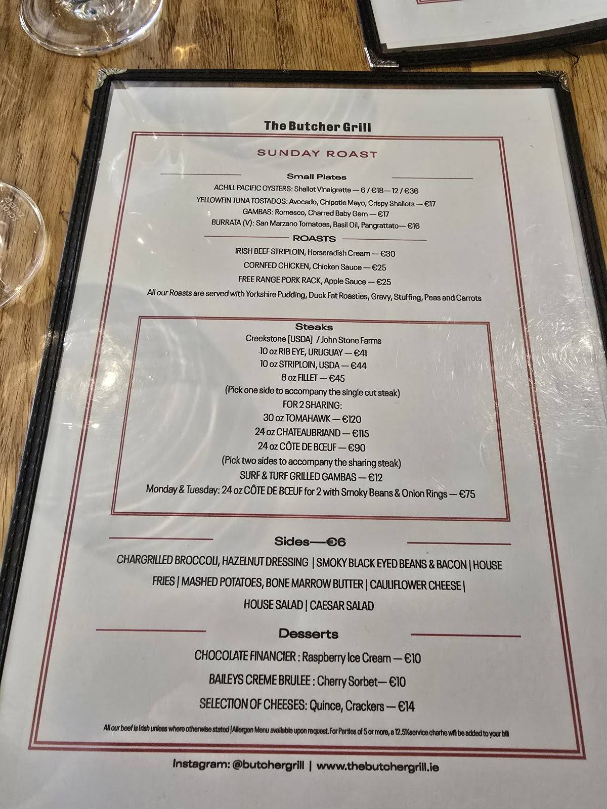 Menu at The Butcher Grill steakhouse, Dublin
