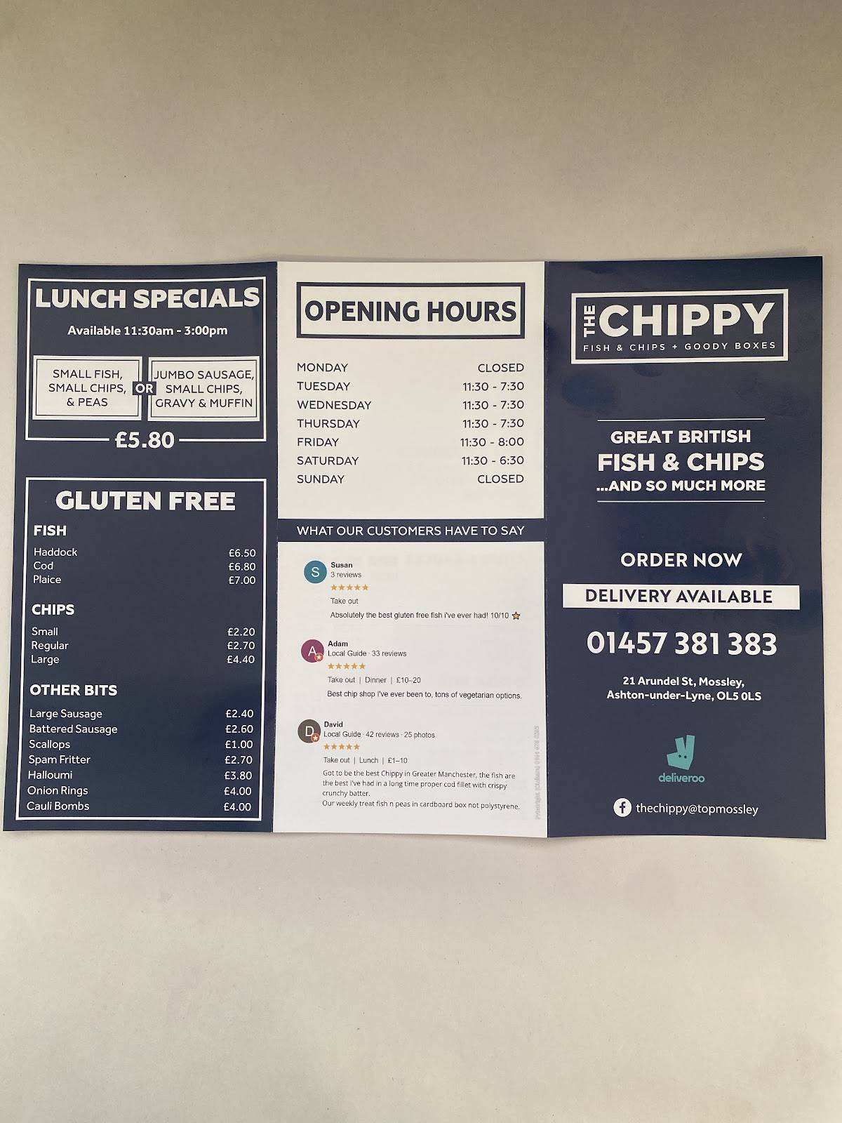 Menu at The CHIPPY restaurant, Ashton-under-Lyne, 21 Arundel St