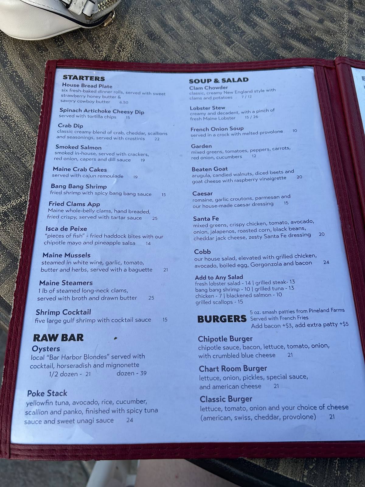 Menu at The Chart Room restaurant, Bar Harbor