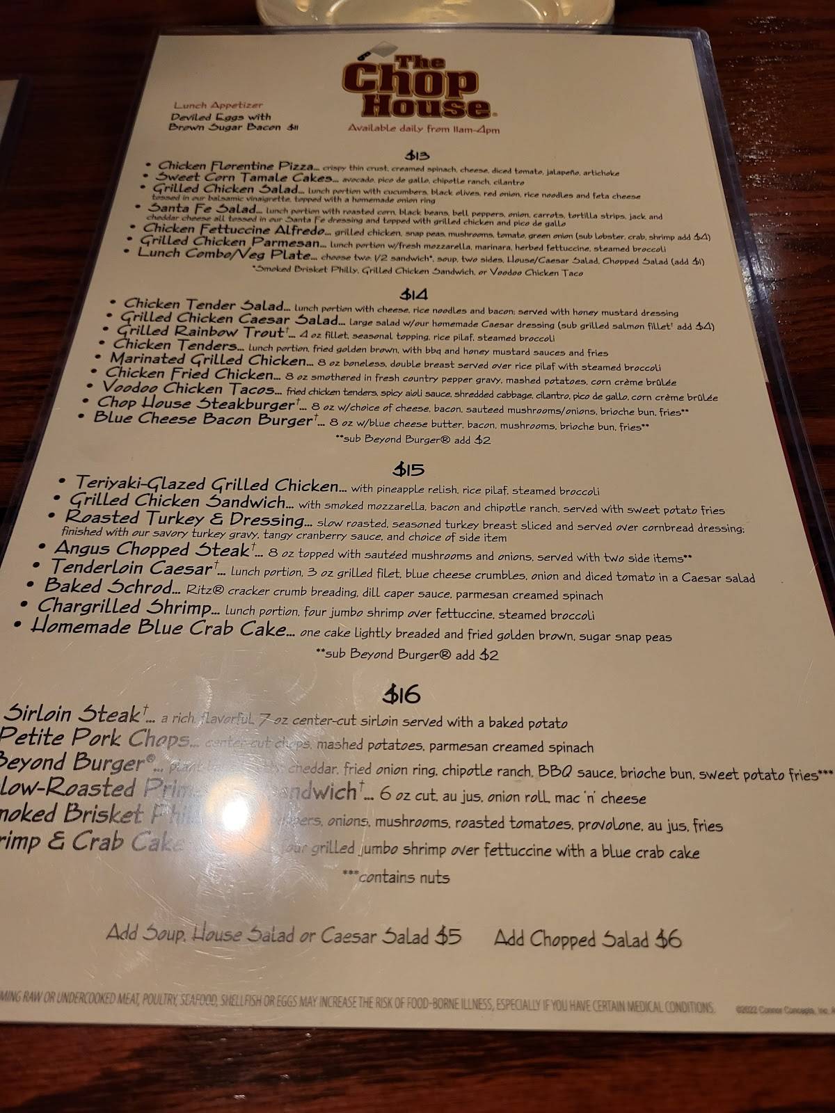 Menu at The Chop House steakhouse, Sevierville, Parkway