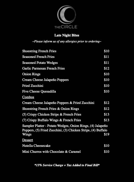 Menu at The Circle OC club, Huntington Beach