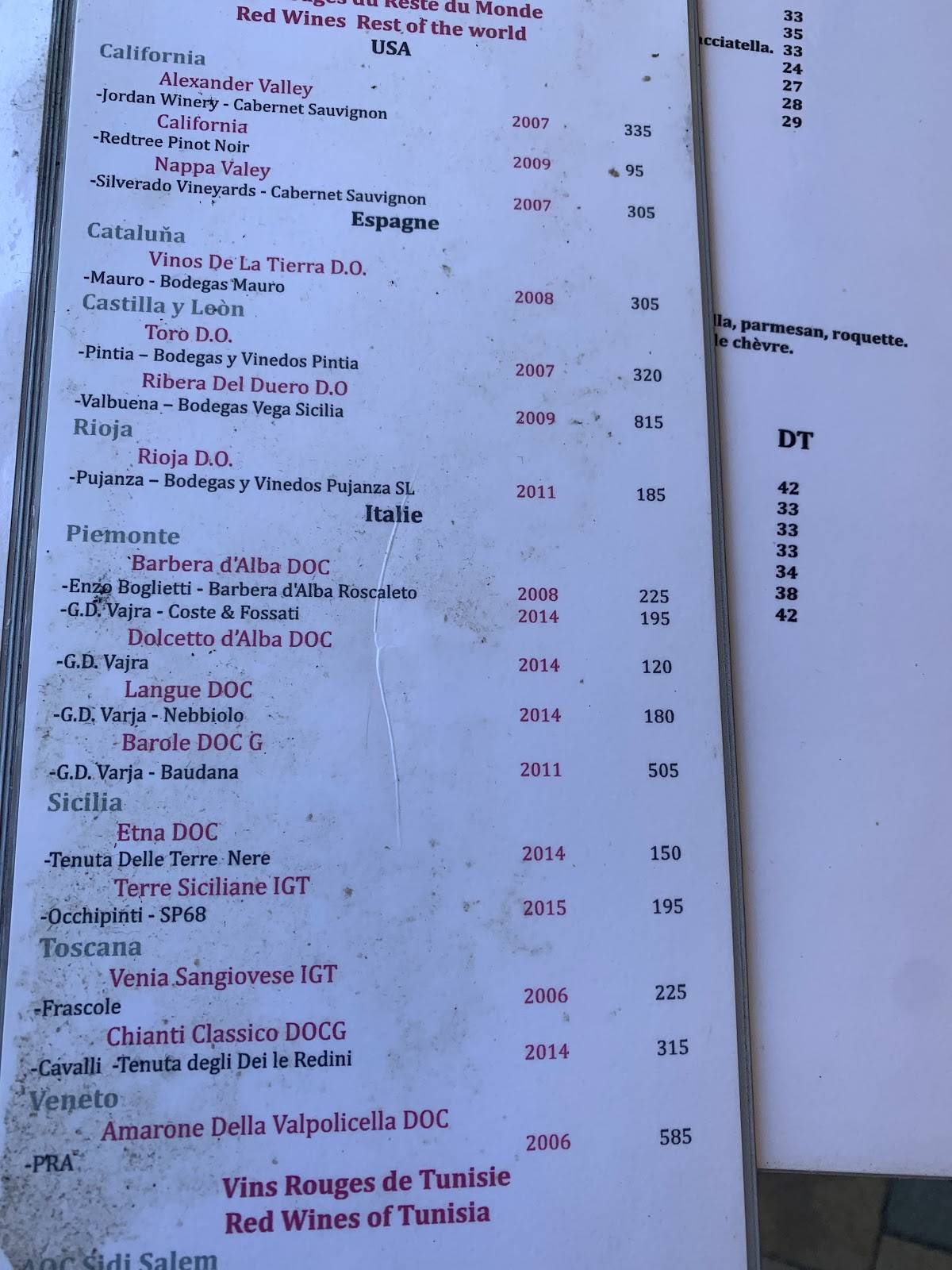 Menu at The Cliff restaurant, La Marsa, R. Sidi Dhrif