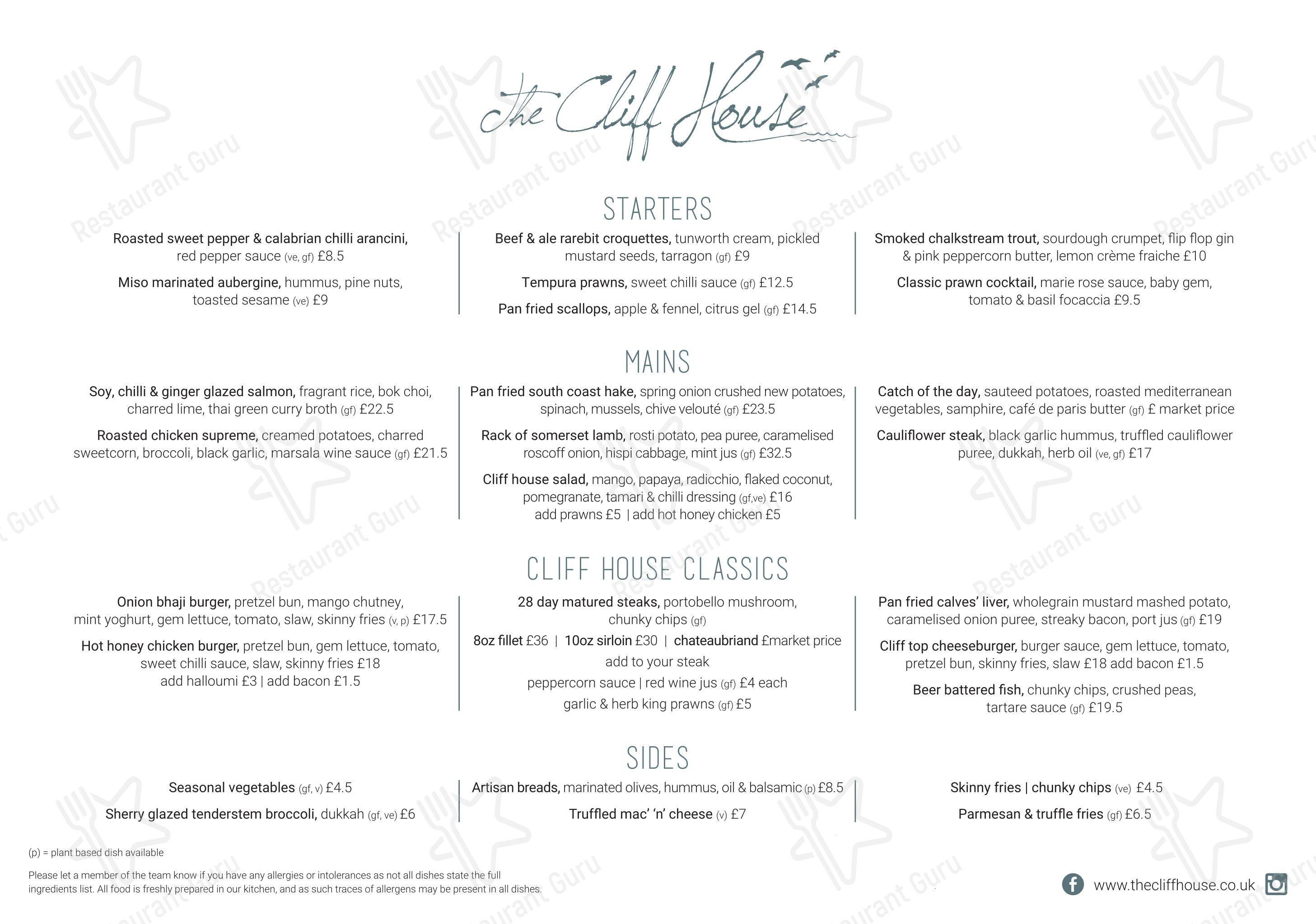 Menu at The Cliff House restaurant, New Milton