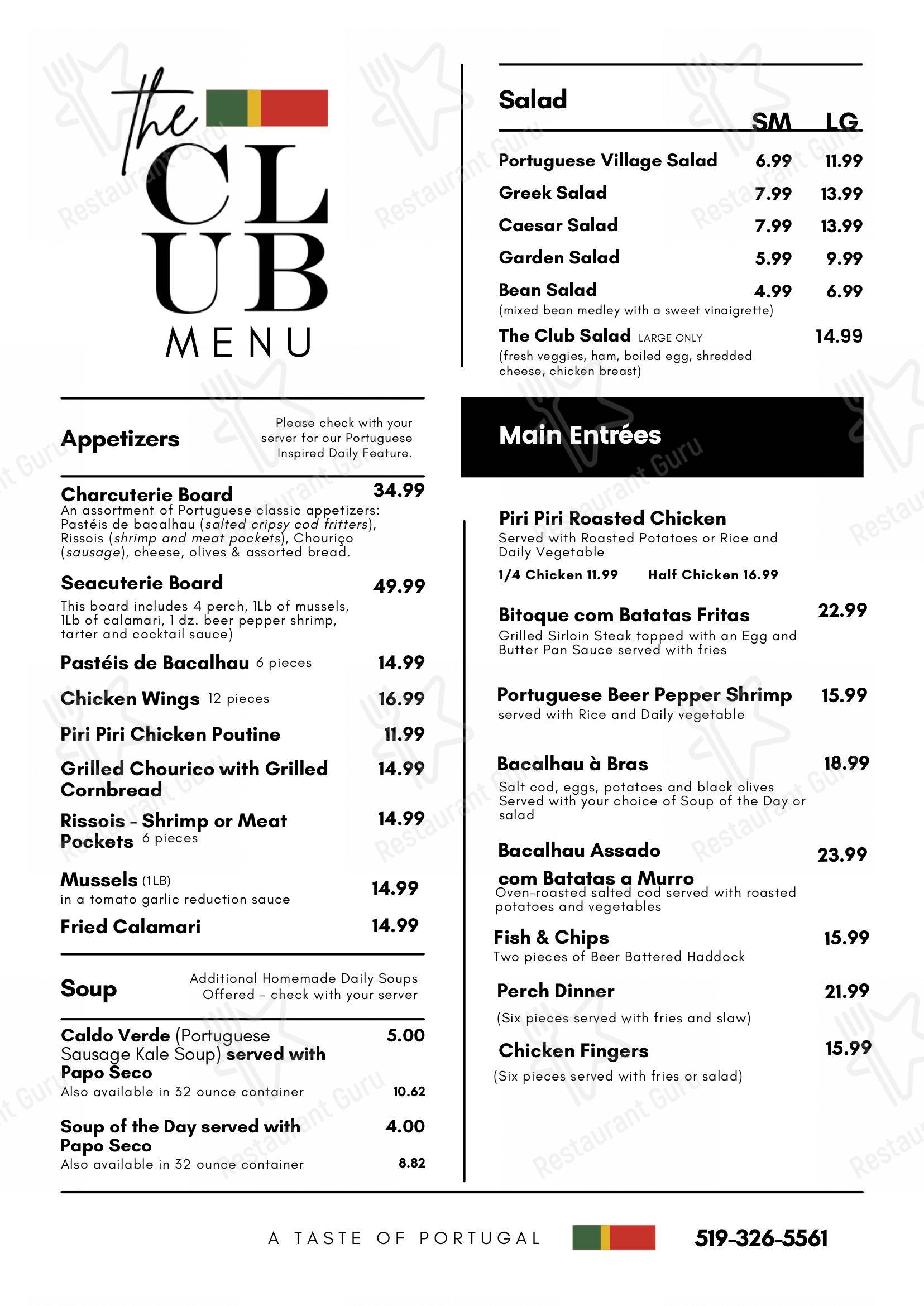 Menu at The Club Restaurant and Lounge, Leamington
