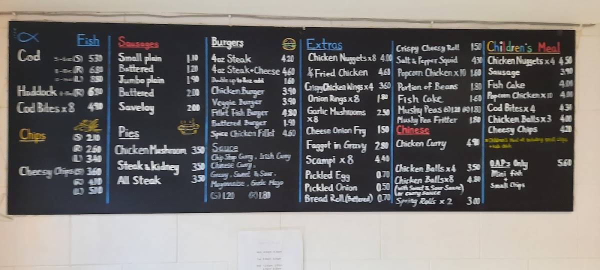 Menu at The Colebrook Chippy fast food, Plymouth