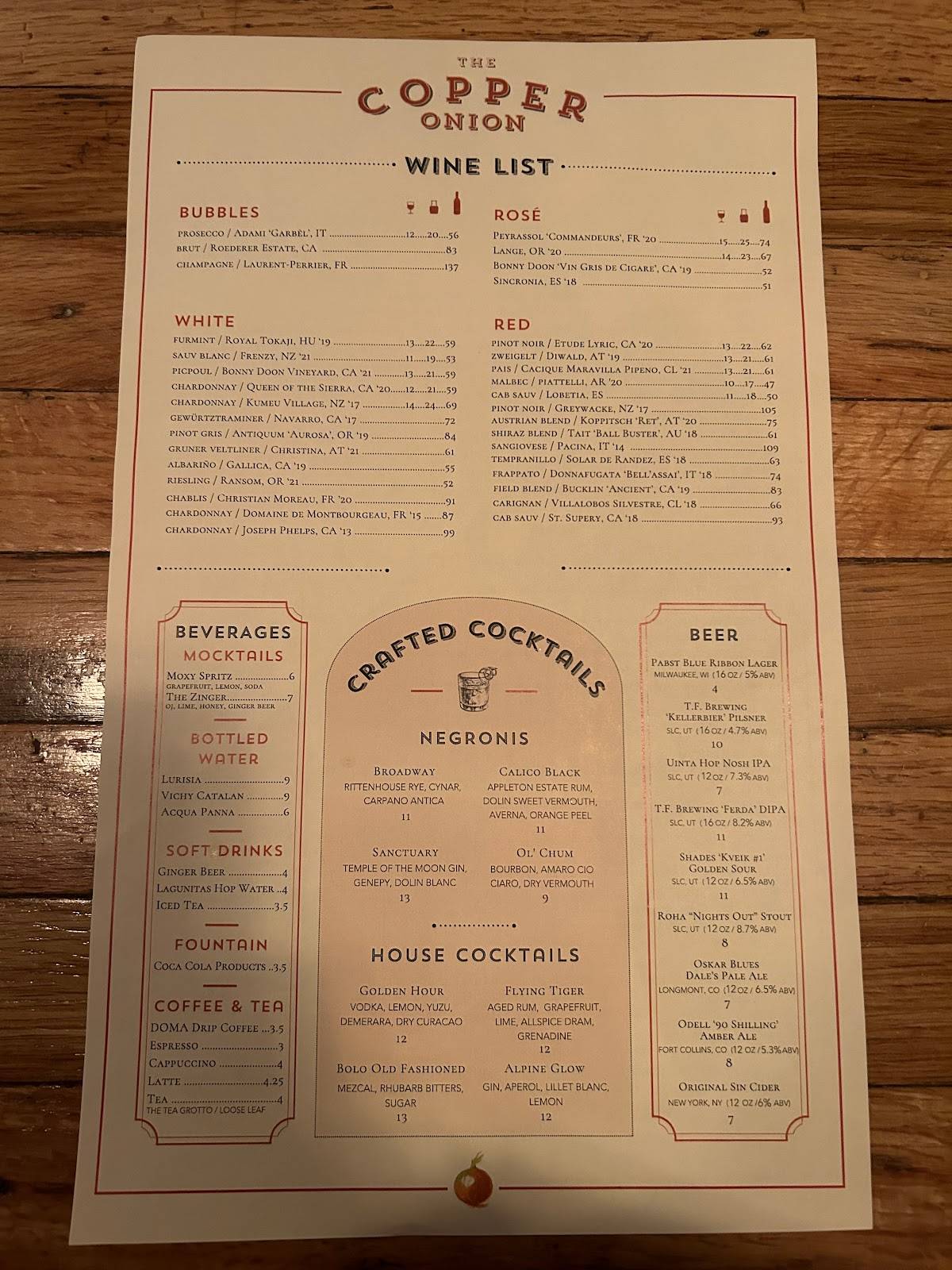 Menu at The Copper Onion restaurant, Salt Lake City