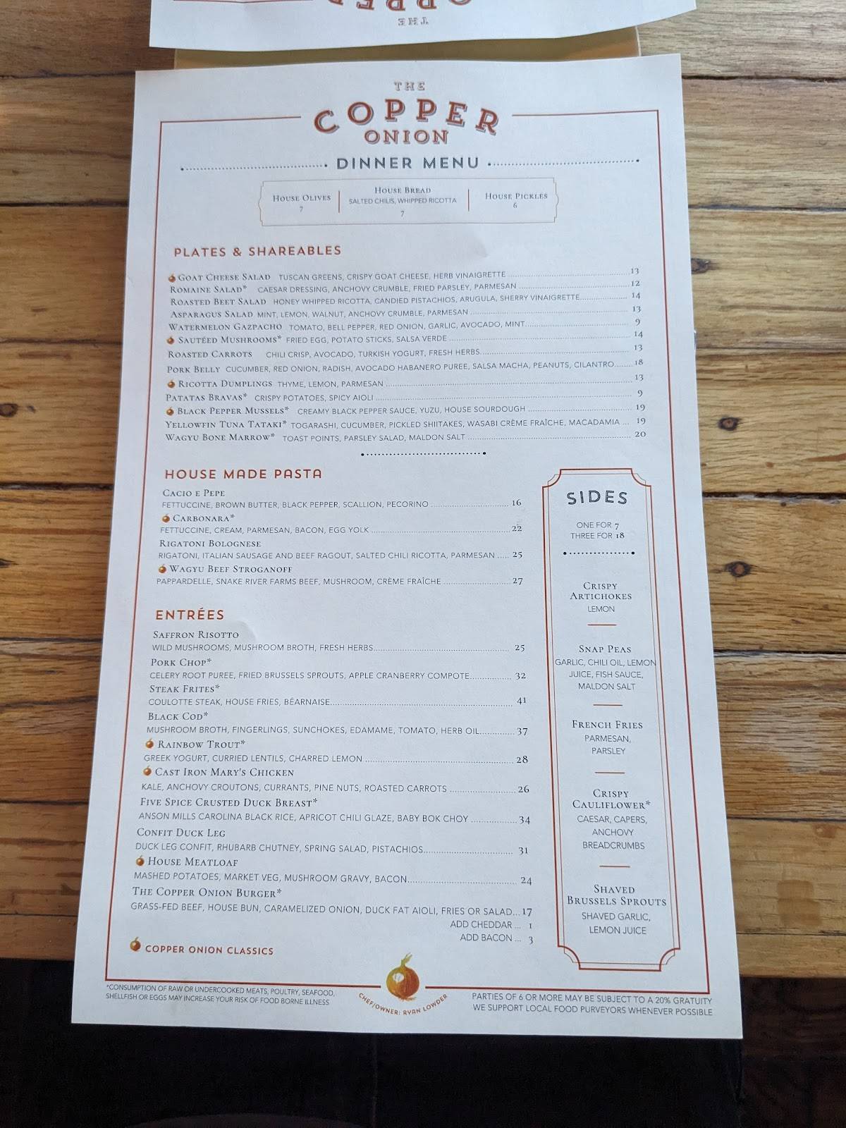 Menu at The Copper Onion restaurant, Salt Lake City