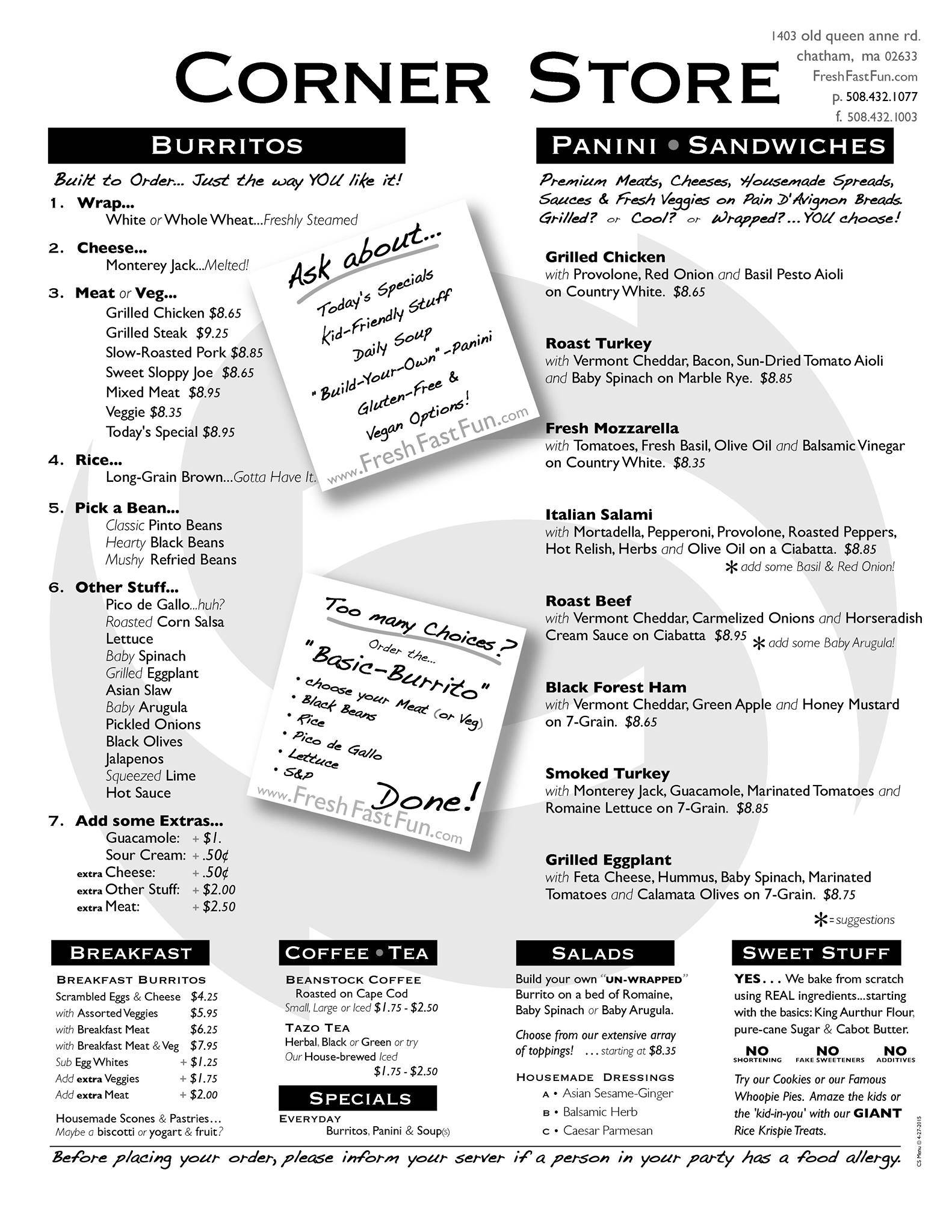 Menu at Corner Store restaurant, Chatham