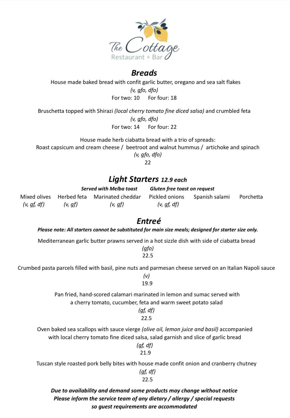 Menu at The Cottage Restaurant and Bar, Armidale