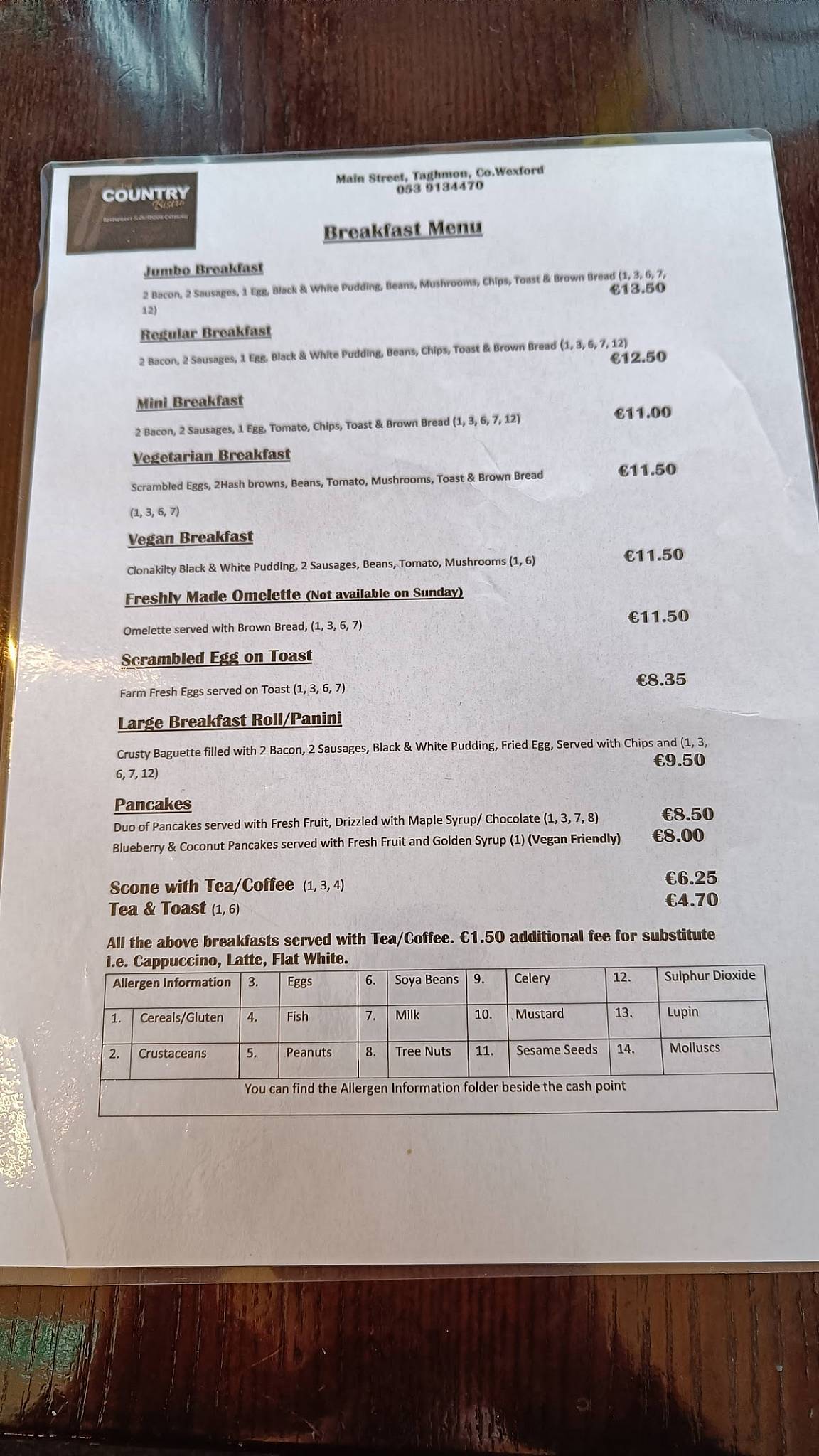 Carta del restaurante The Country Bistro, Taghmon