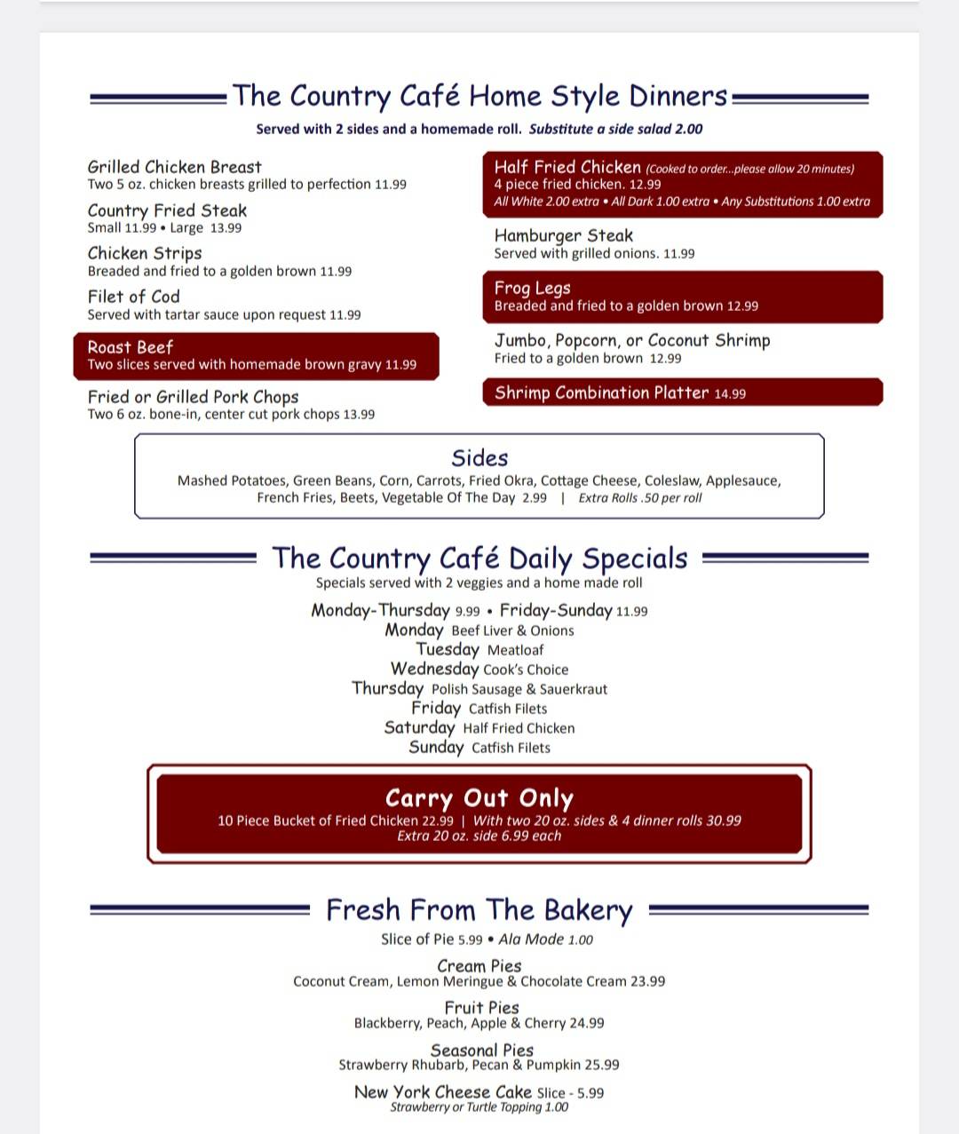 Menu at The Country Cafe, Festus