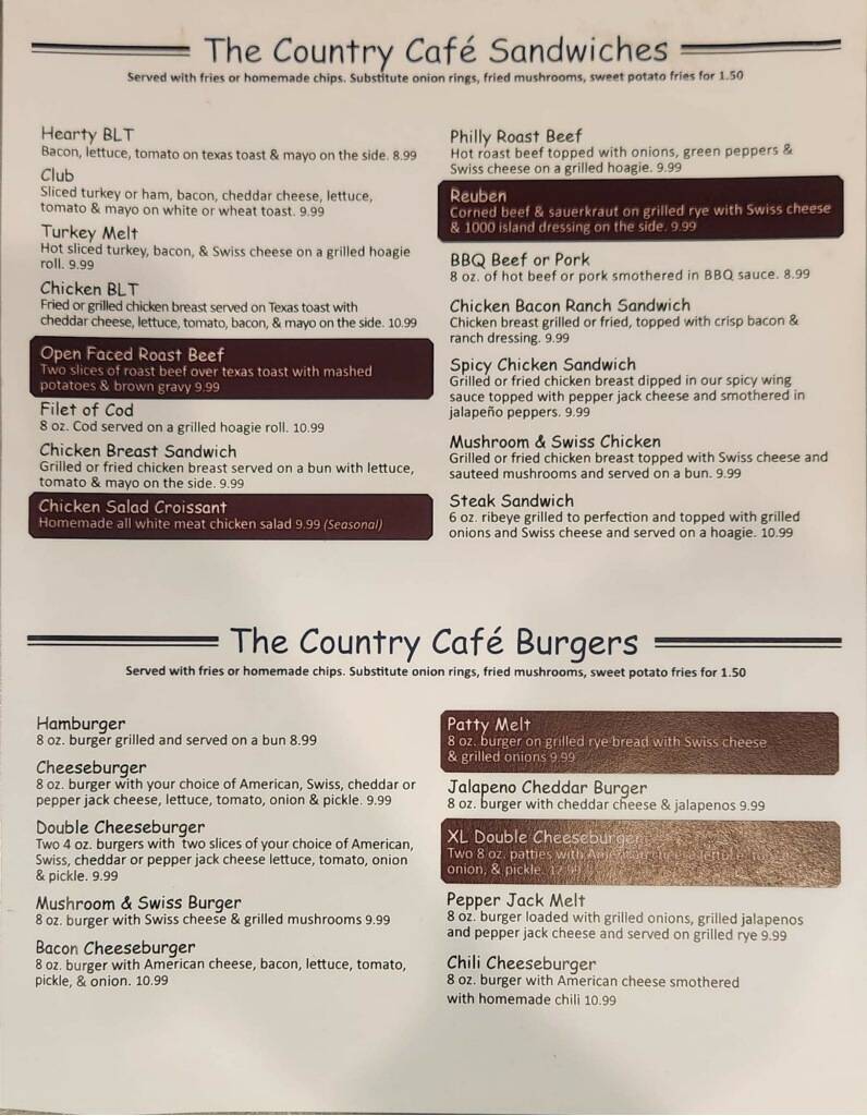 Menu at The Country Cafe, Festus