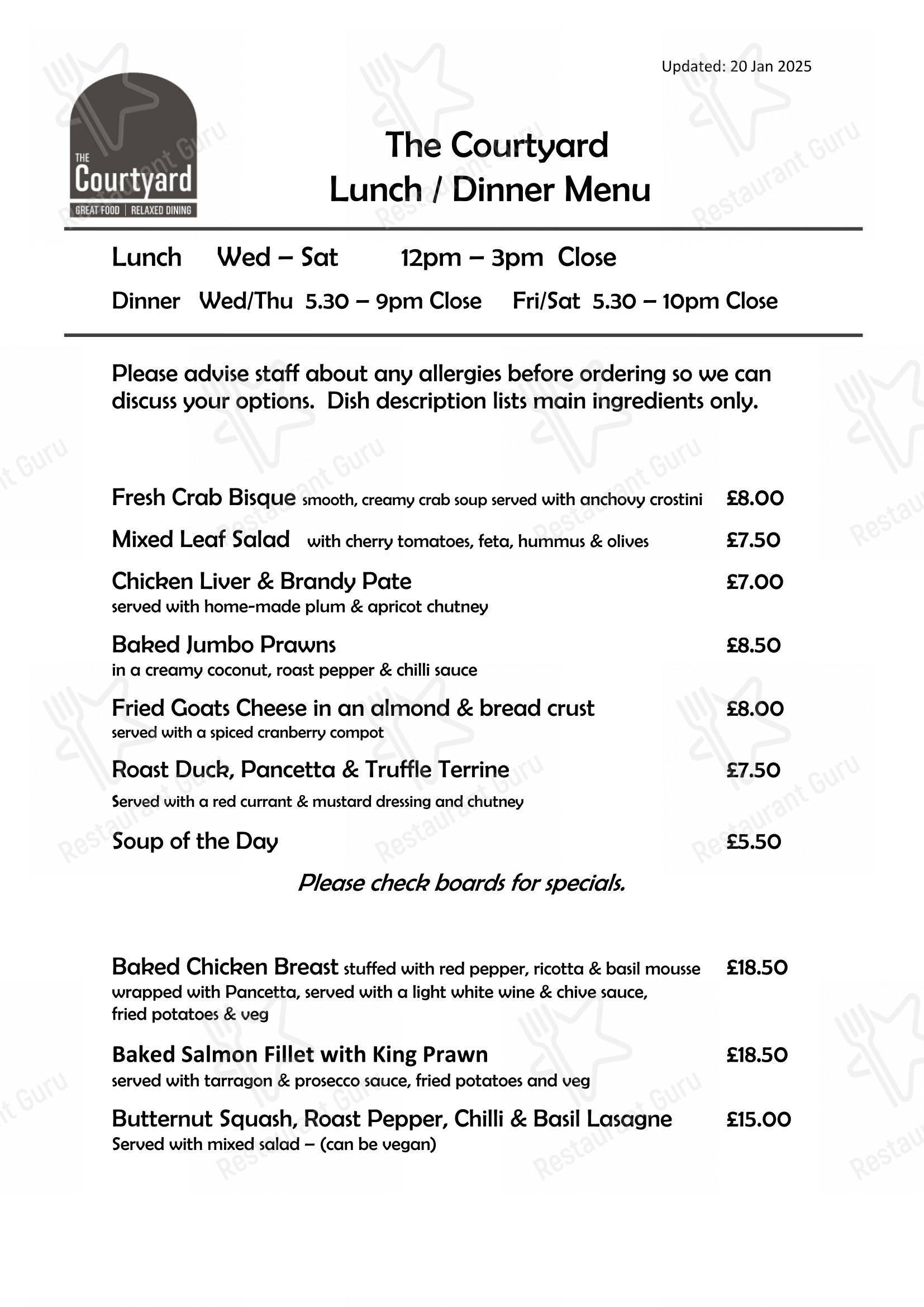 Menu at The Courtyard restaurant, Cupar
