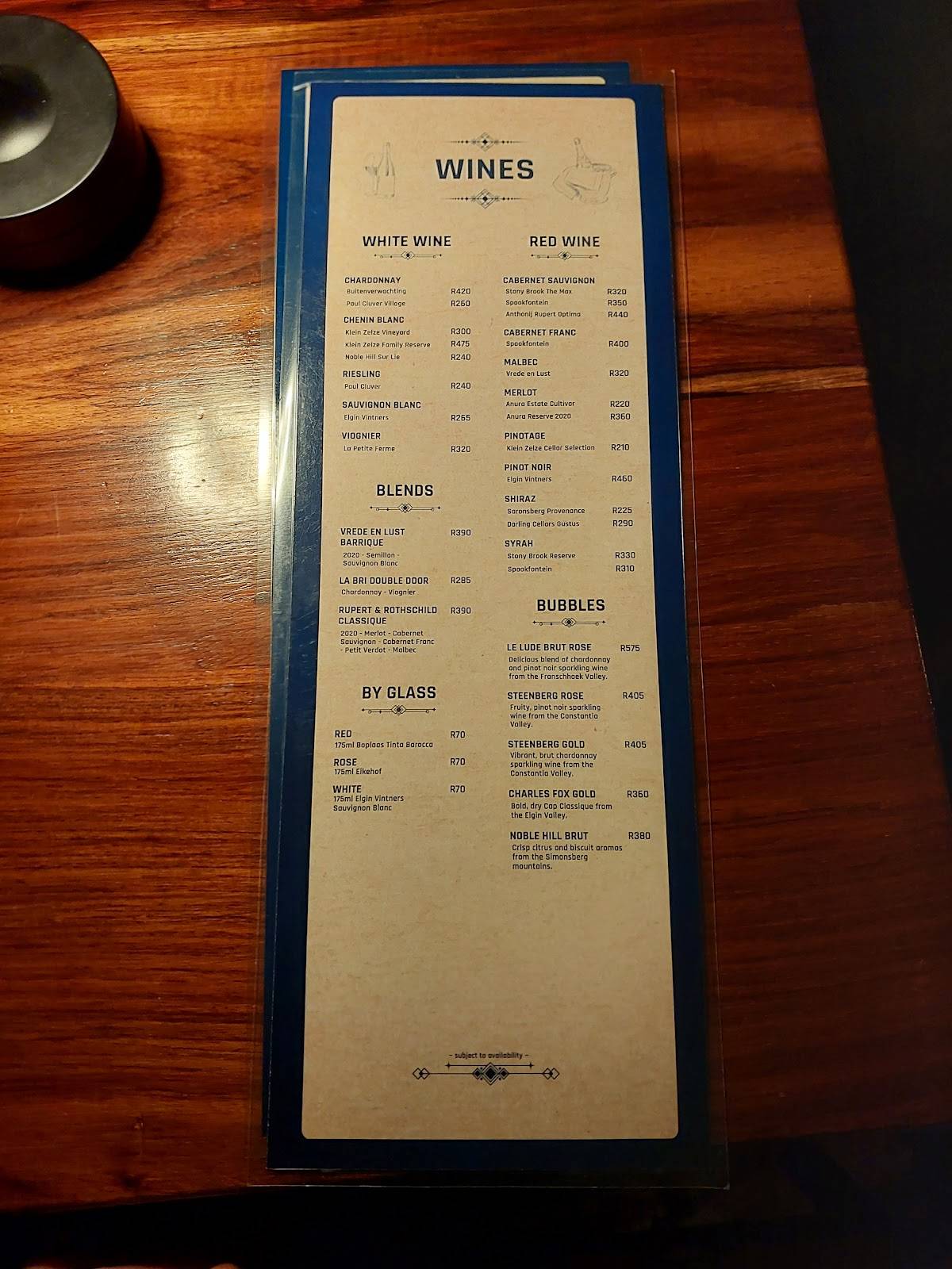 Menu at The Cove cafe, Cape Town
