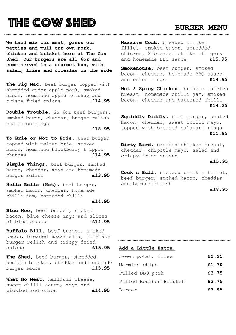 Menu at The Cow Shed restaurant, Brixham