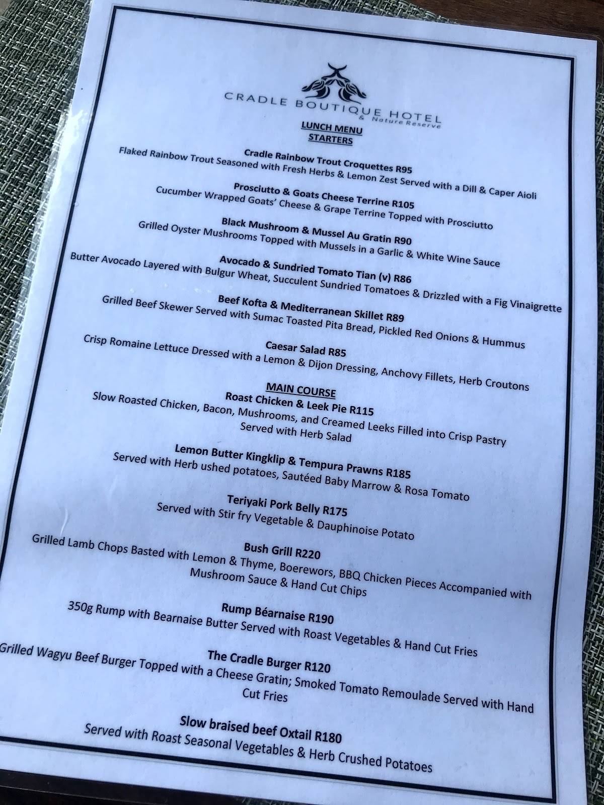 Menu at The Cradle Restaurant at Cradle Boutique Hotel, Krugersdorp