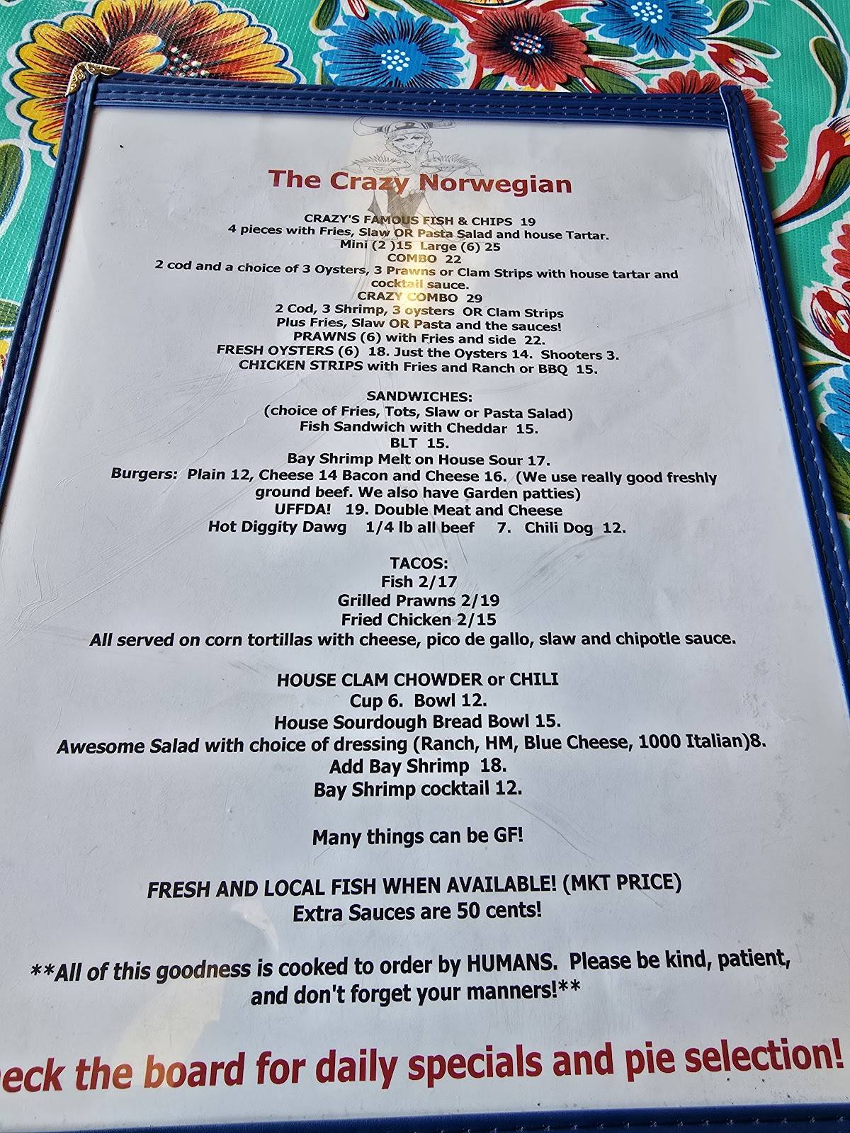 Menu at The Crazy Norwegian's Fish & Chips restaurant, Port Orford