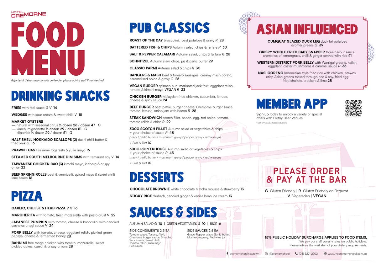 Menu at The Cremorne Hotel pub & bar, Newtown