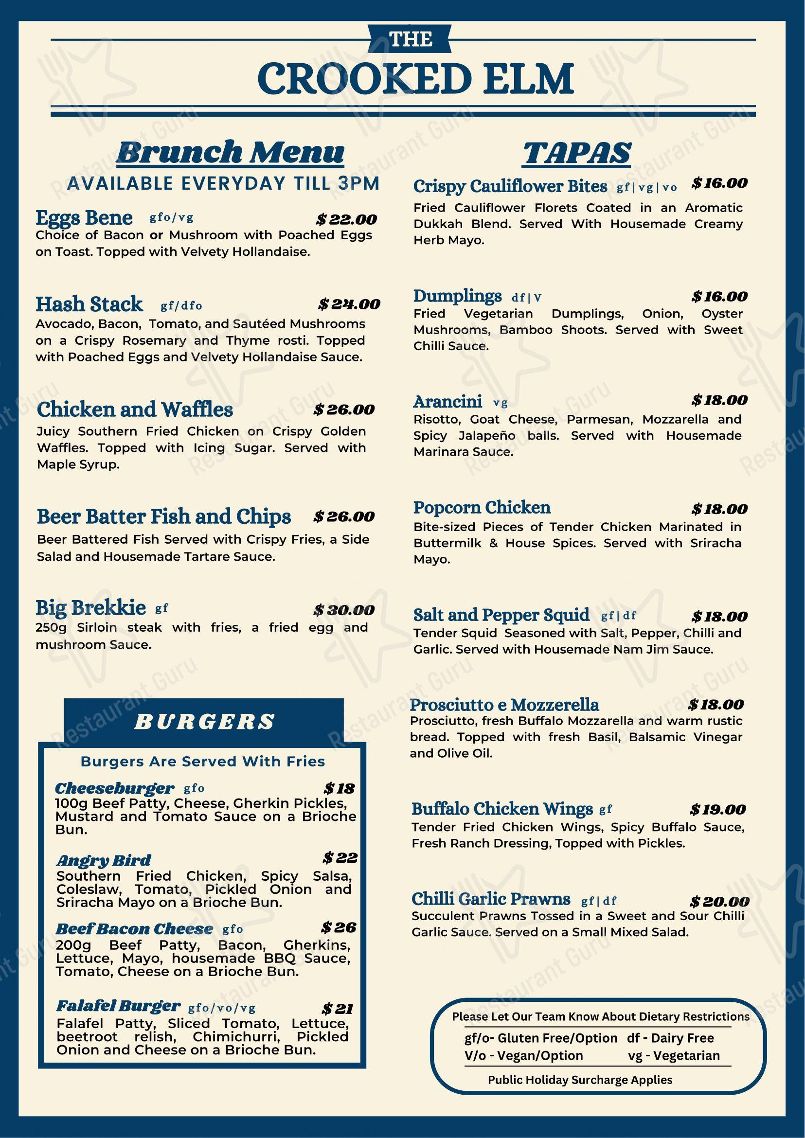 Menu at The Crooked Elm pub & bar, Lower Hutt