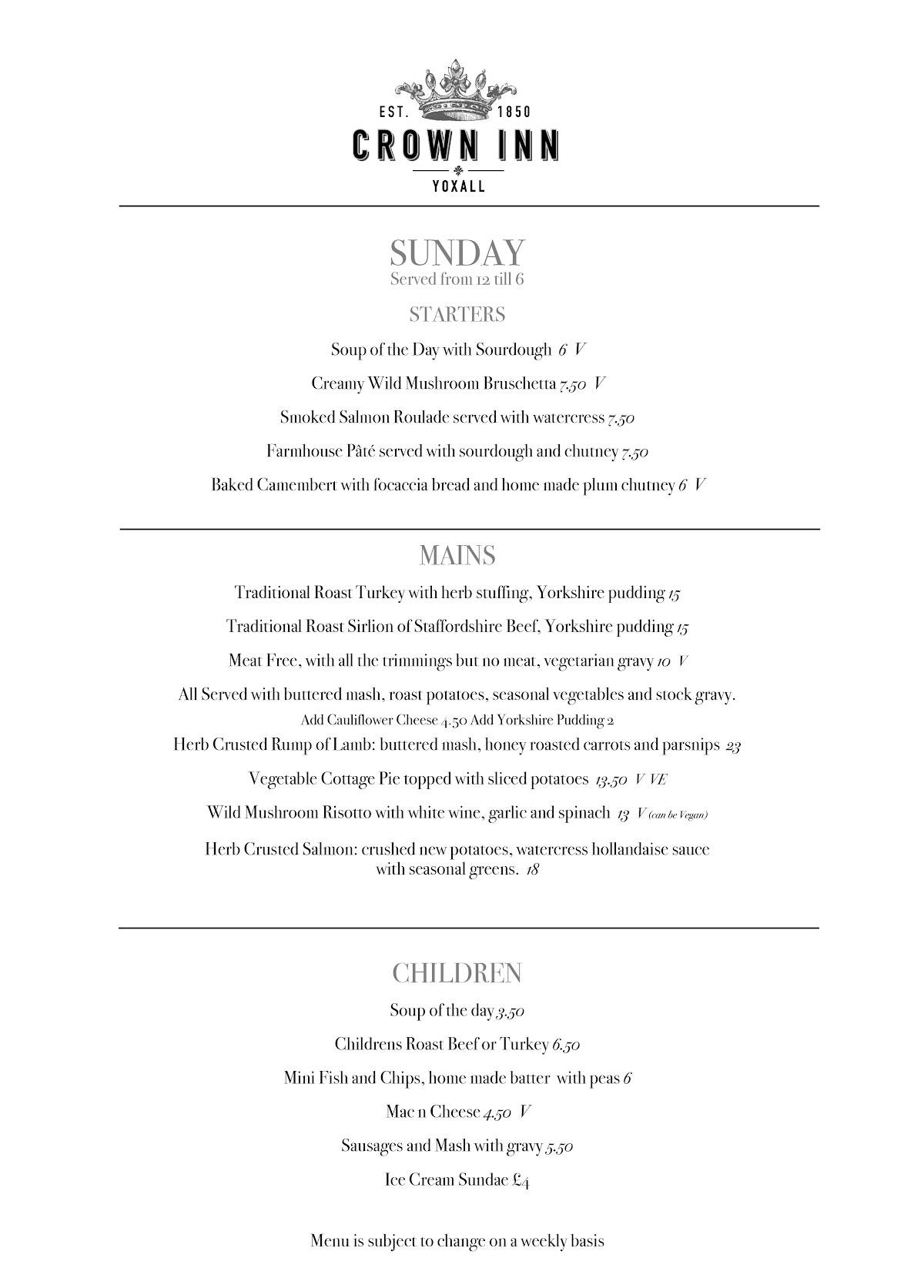Menu at The Crown Inn pub & bar, Yoxall