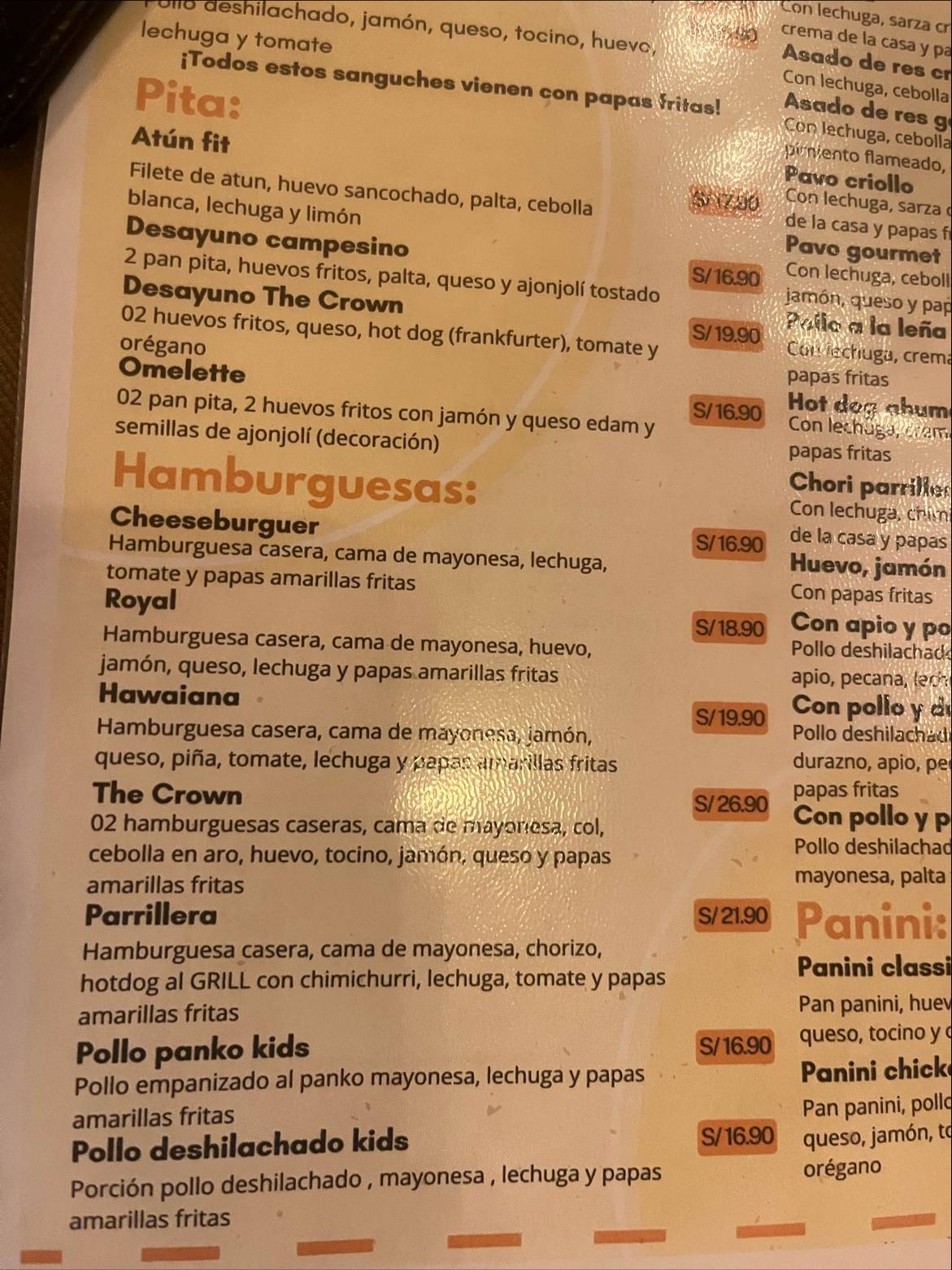 Carta del restaurante The Crown - Jugueria y Sangucheria Peruana, Ica