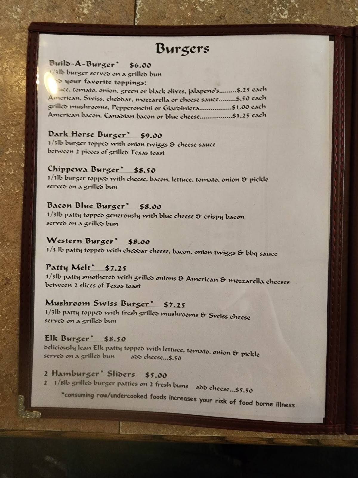 Menu at The Dark Horse Bar and Grill, Wausaukee
