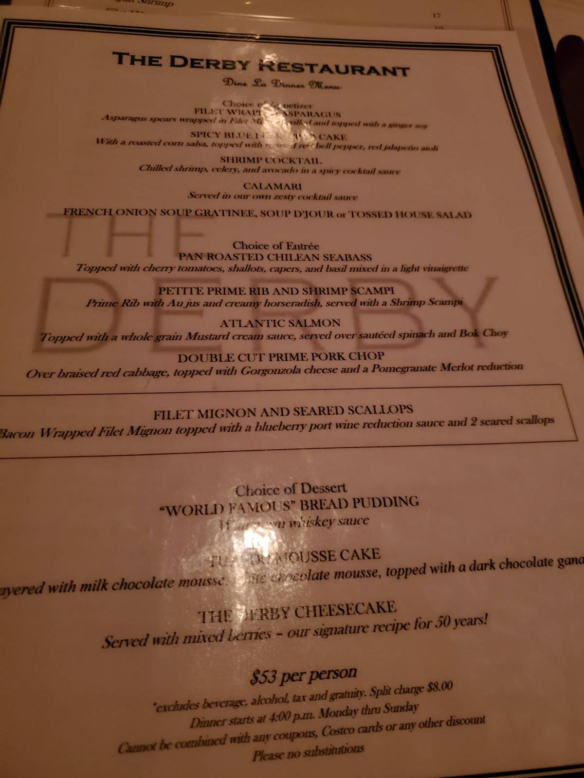 Menu at The Derby steakhouse, Arcadia