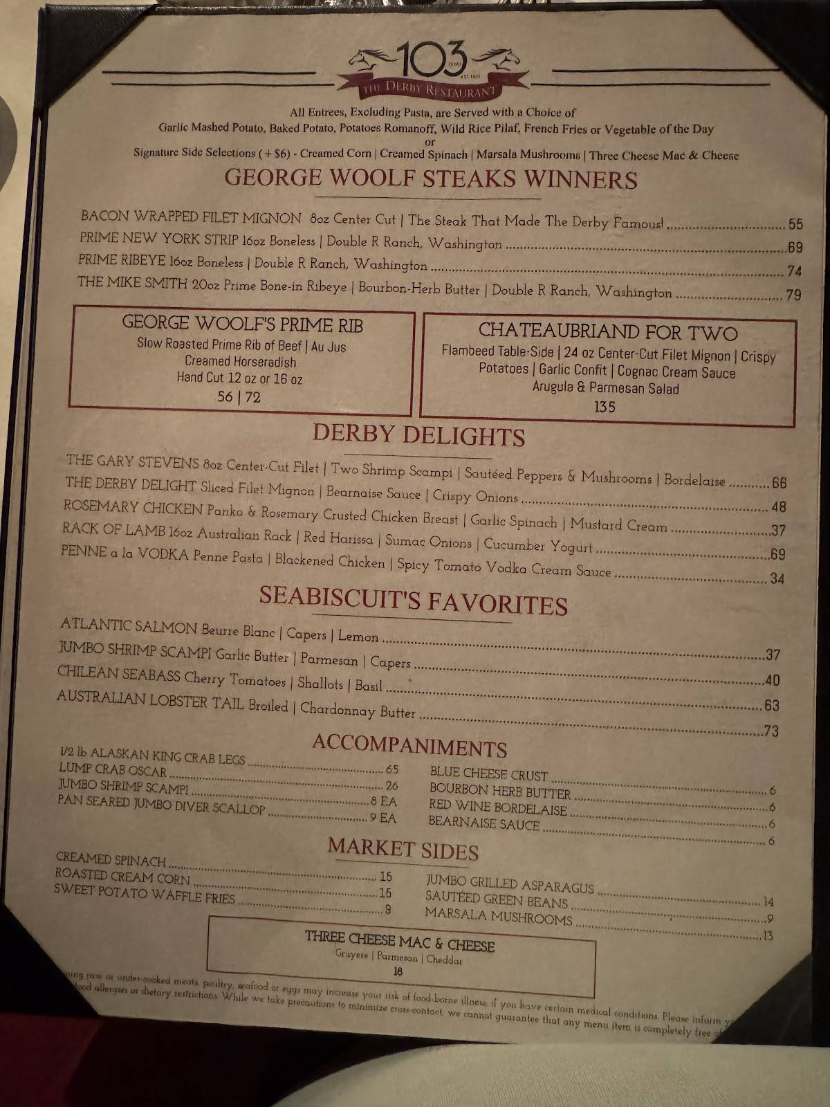 Menu at The Derby steakhouse, Arcadia