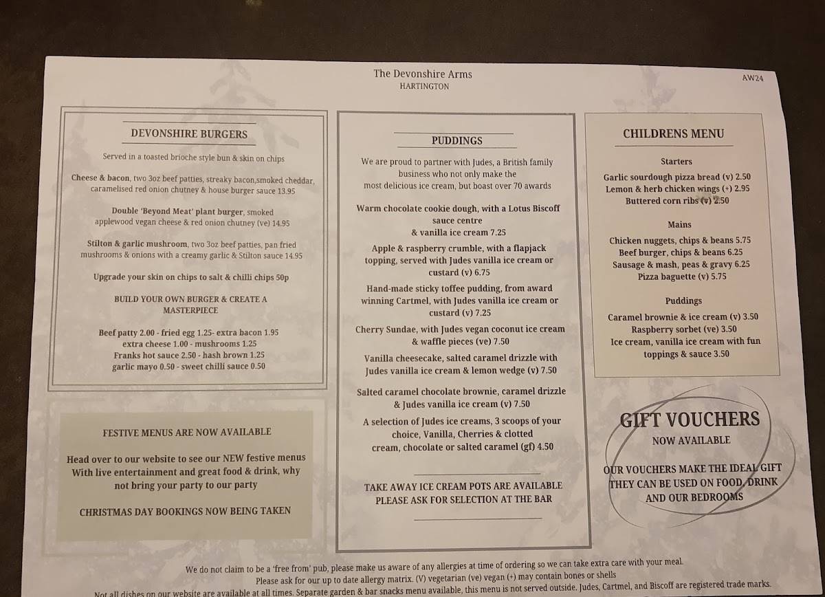 Menu at The Devonshire Arms pub & bar, Hartington, Market Place