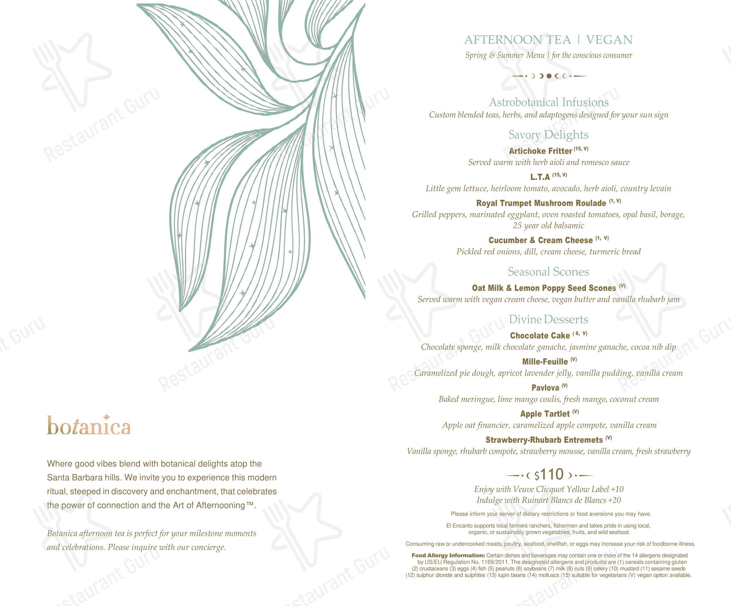 Menu at The Dining Room at El Encanto restaurant, Santa Barbara