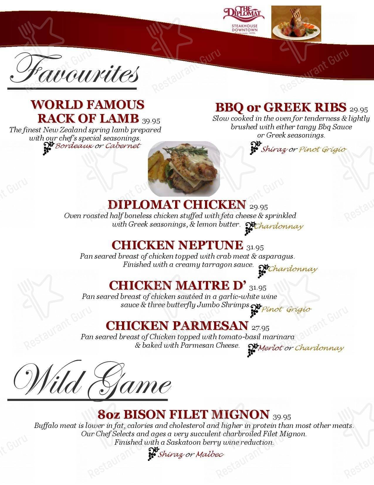Menu at The Diplomat Steakhouse, Regina