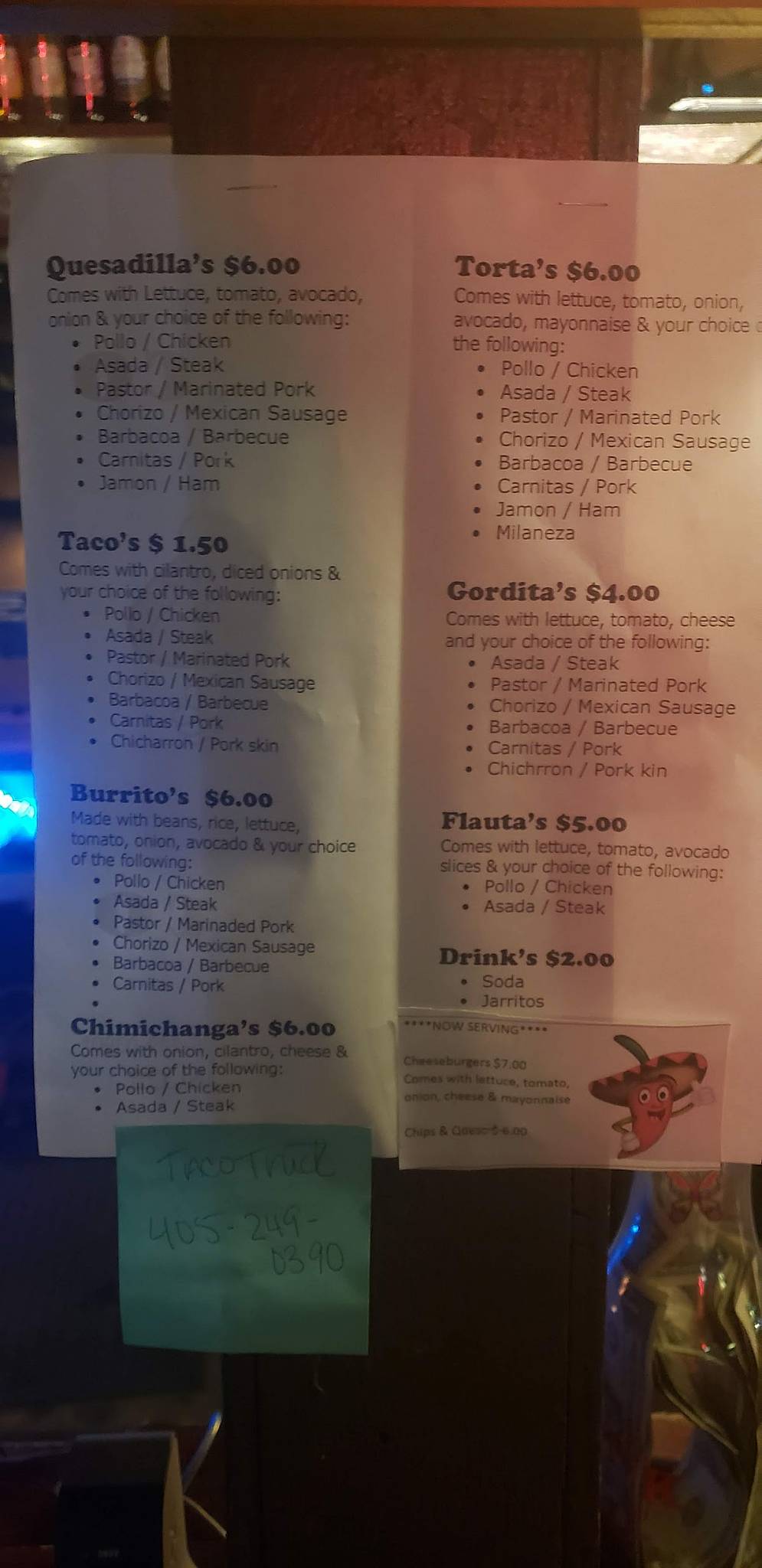 Menu at The Dirty Bird Bar, Oklahoma City
