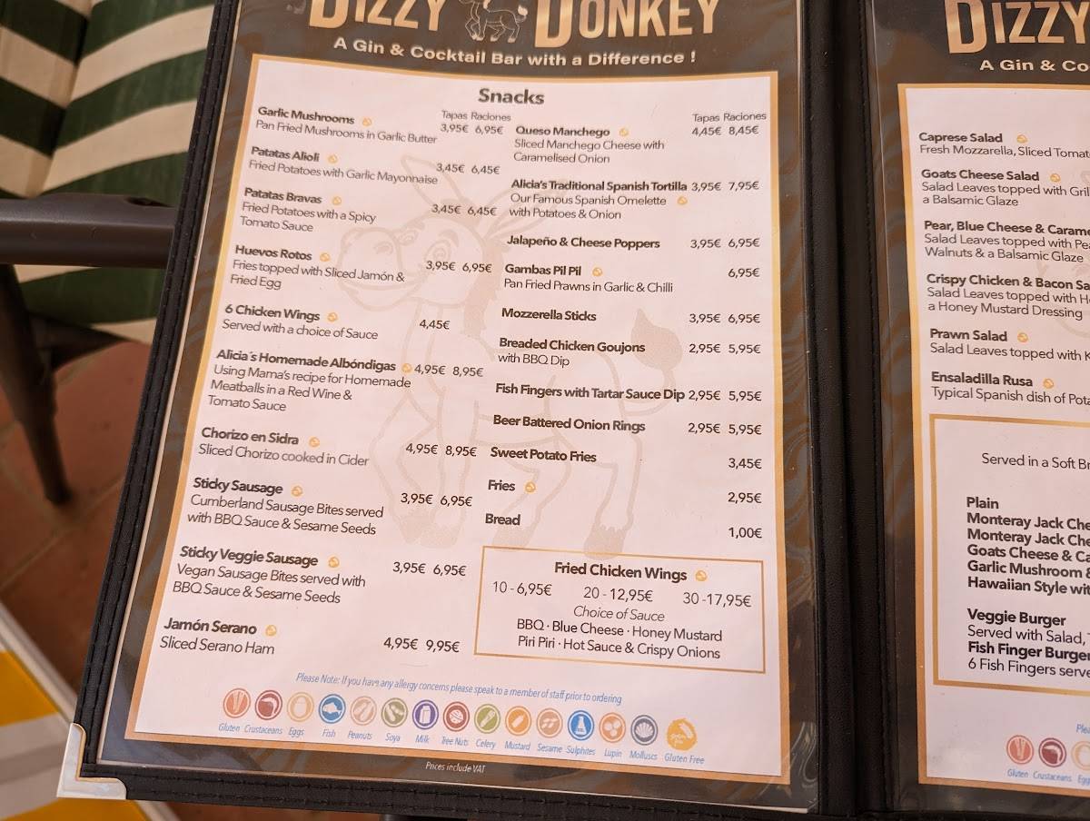 Menu at The Dizzy Donkey pub & bar, Benalmádena