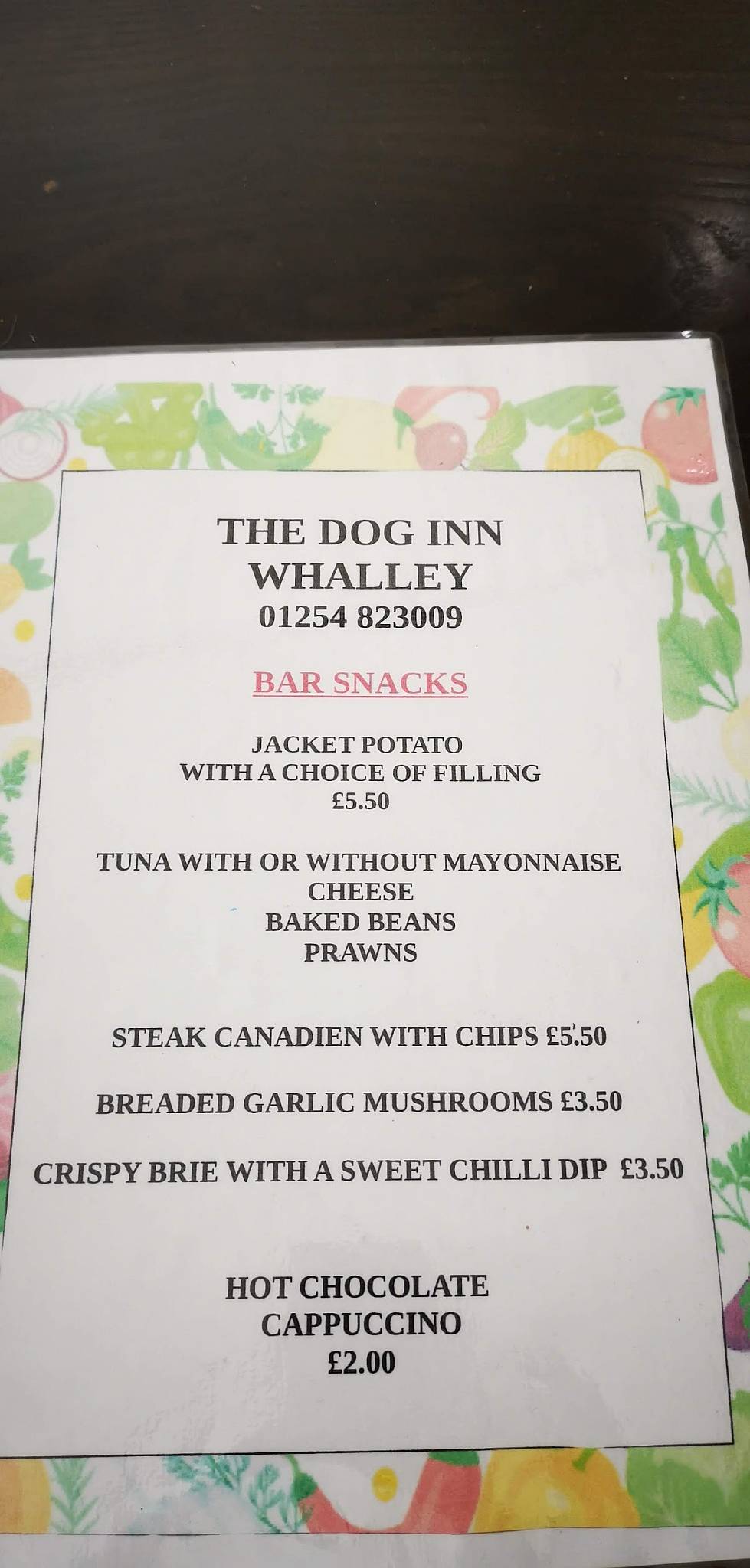 Menu at The Dog Inn, Whalley pub & bar, Barrow