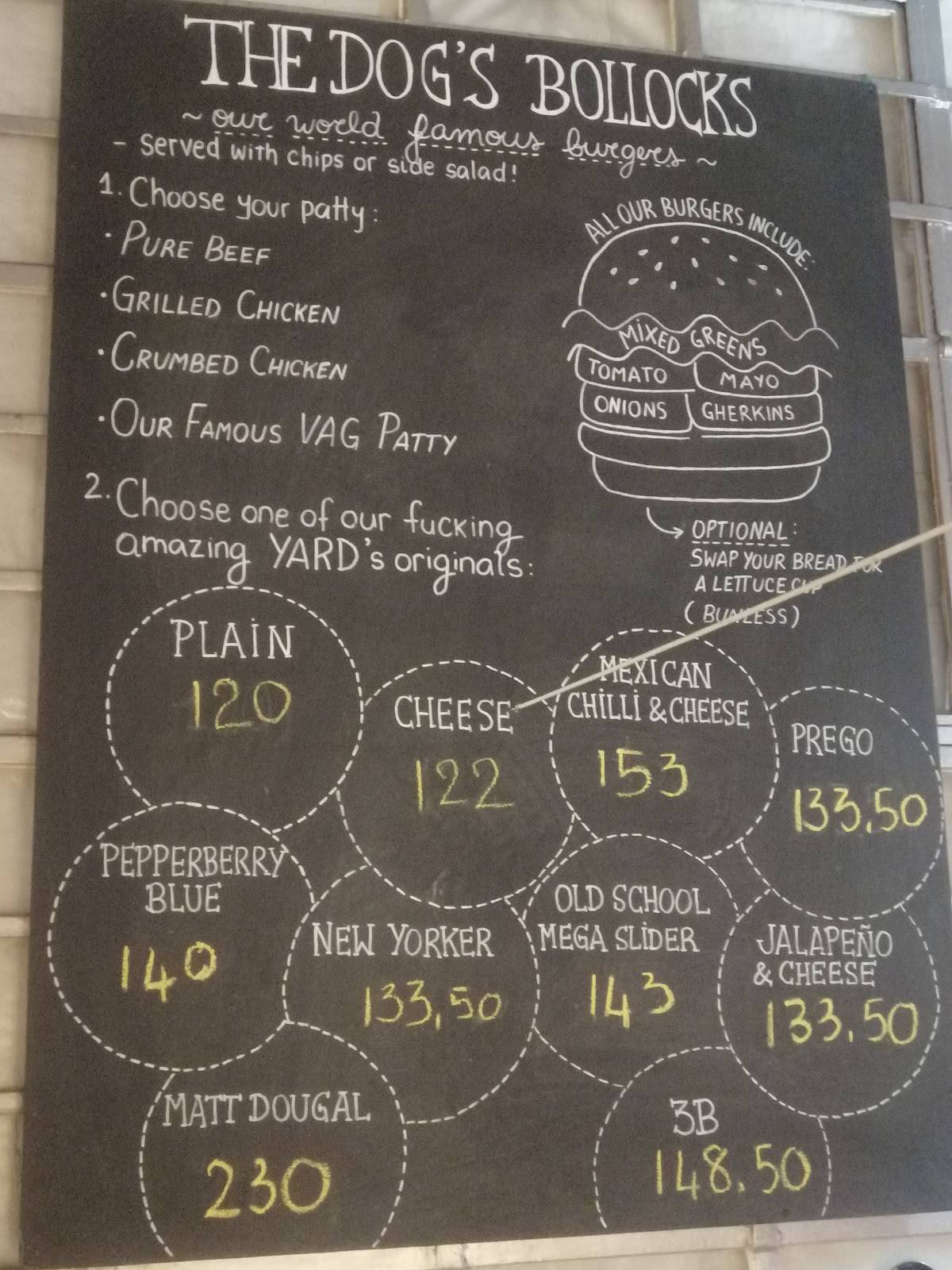 Menu at The Dog's Bollocks at YARD restaurant, Cape Town