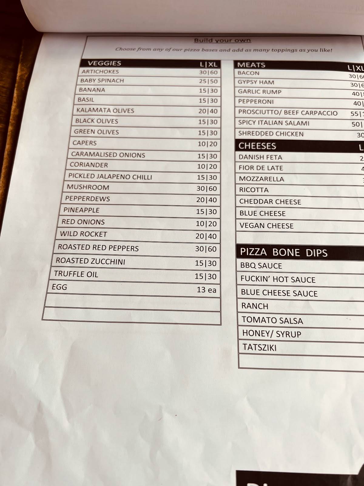 Menu at The Dog's Bollocks at YARD restaurant, Cape Town